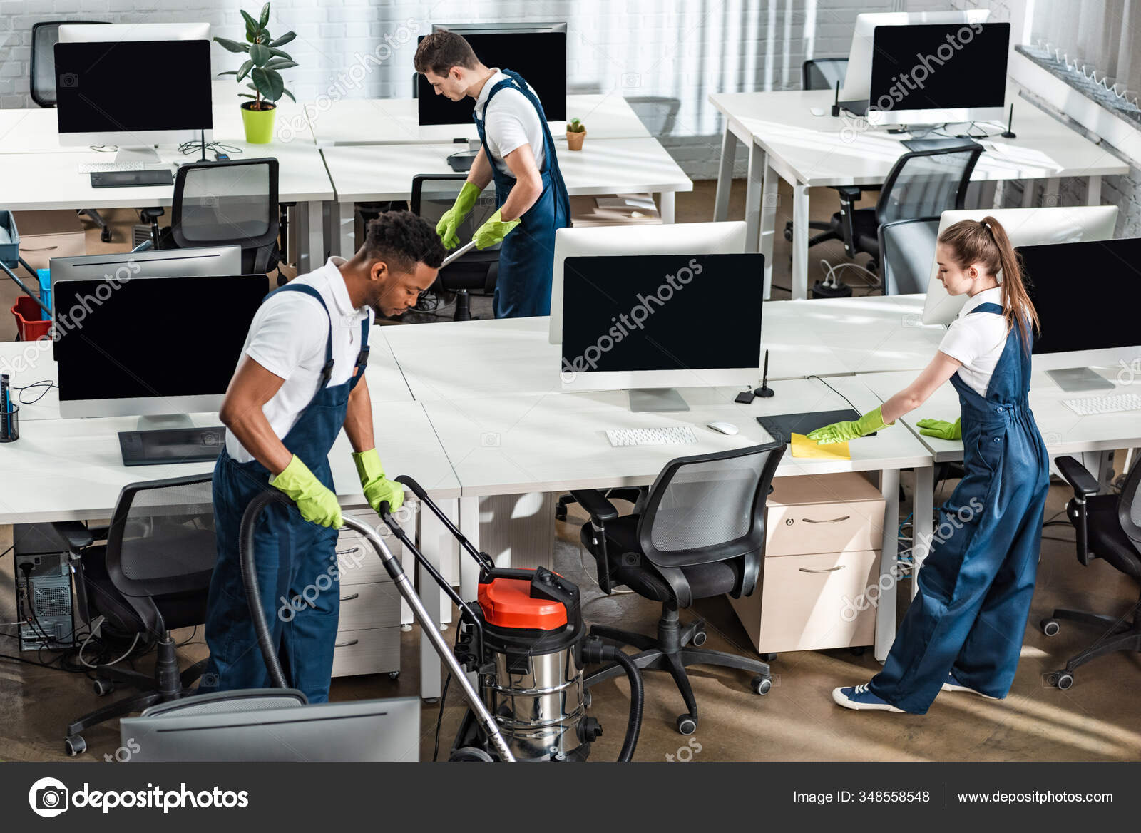 Team Young Multicultural Cleaners Working Modern Open Space Office ...