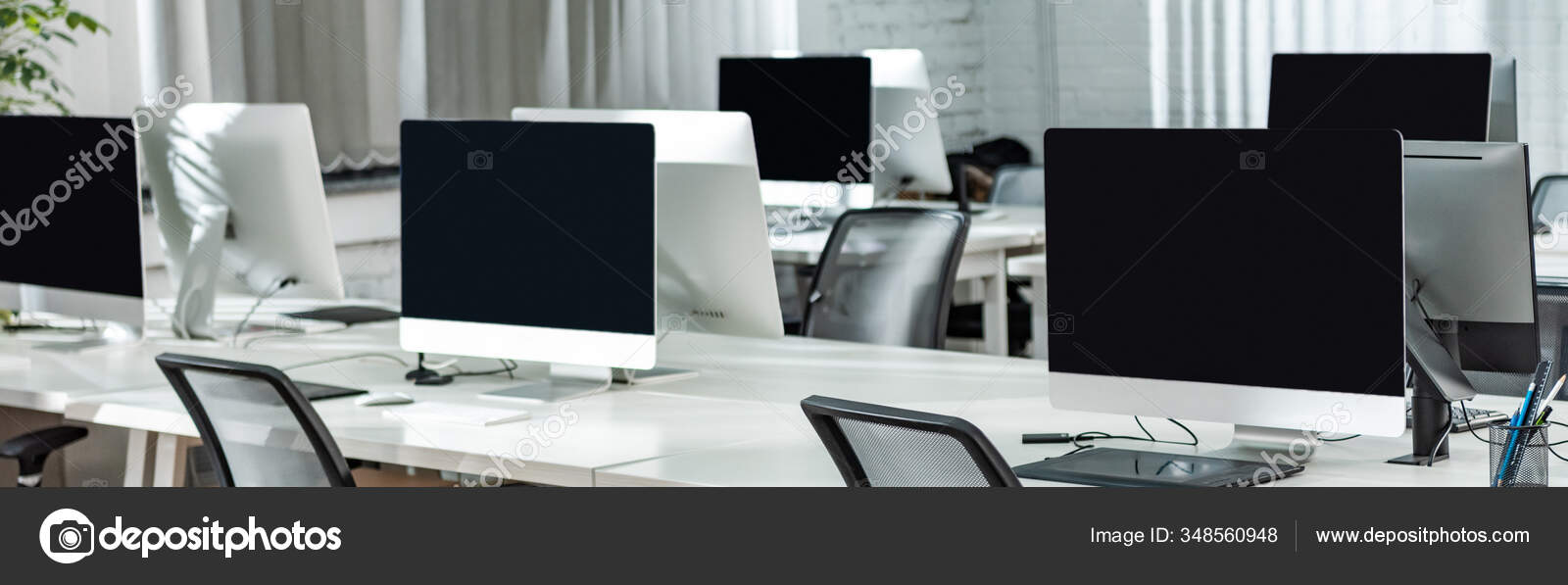 Panoramic Shot Open Space Office Computer Monitors White Desks Stock ...