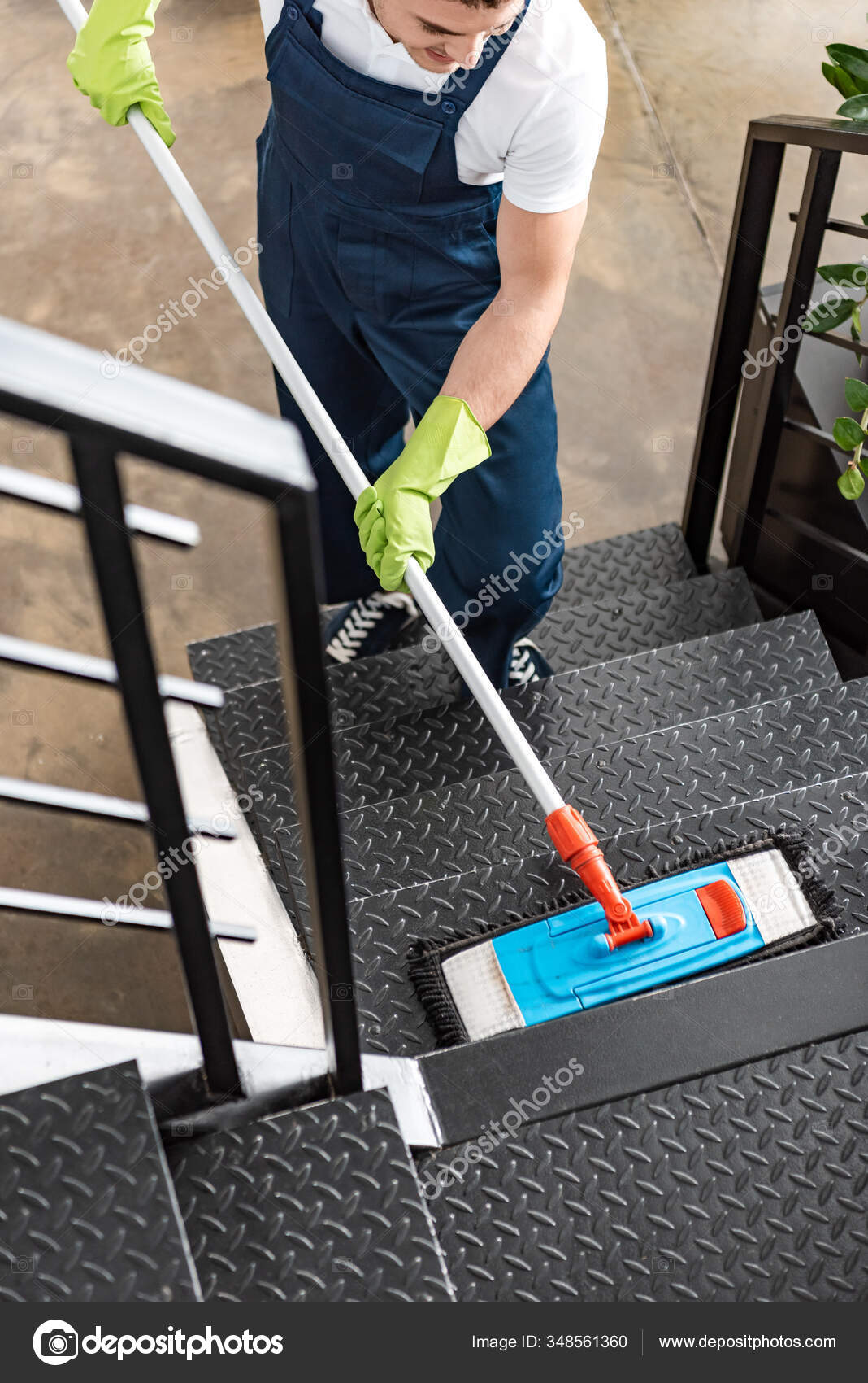High Angle View Young Cleaner Washing Stairs Mop — Stock Photo ...