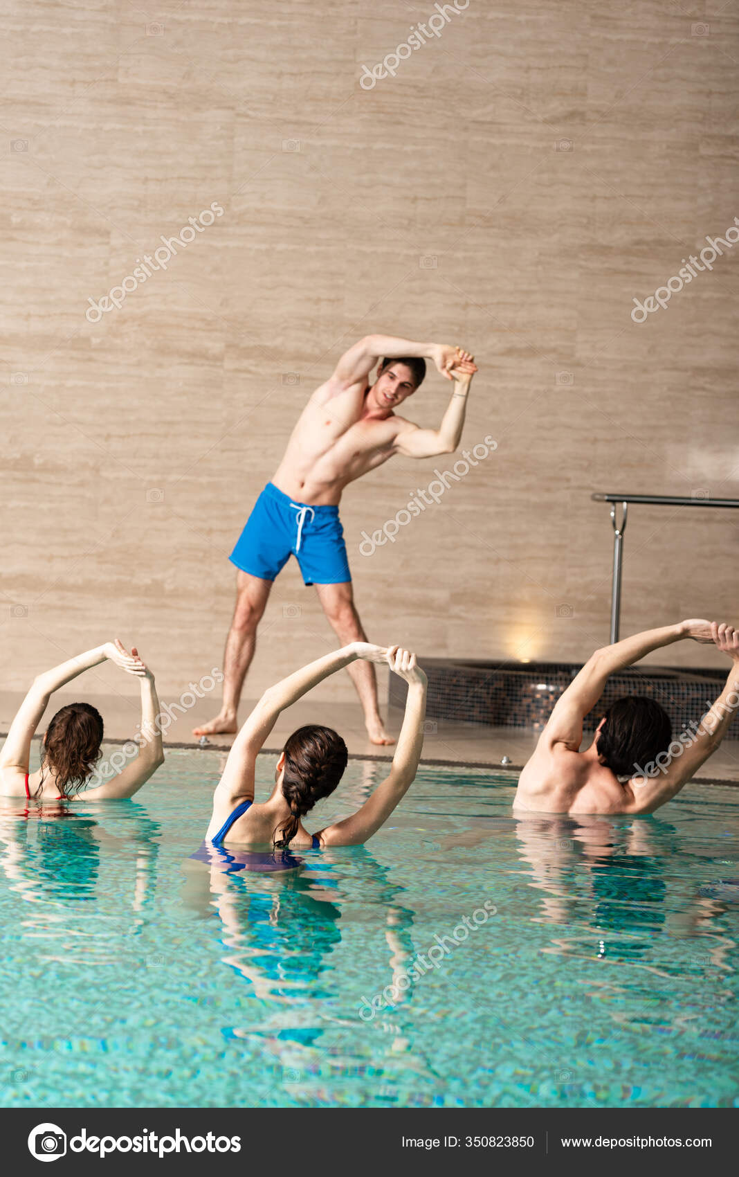 Handsome Trainer Training Group Young People Swimming Pool Water ...