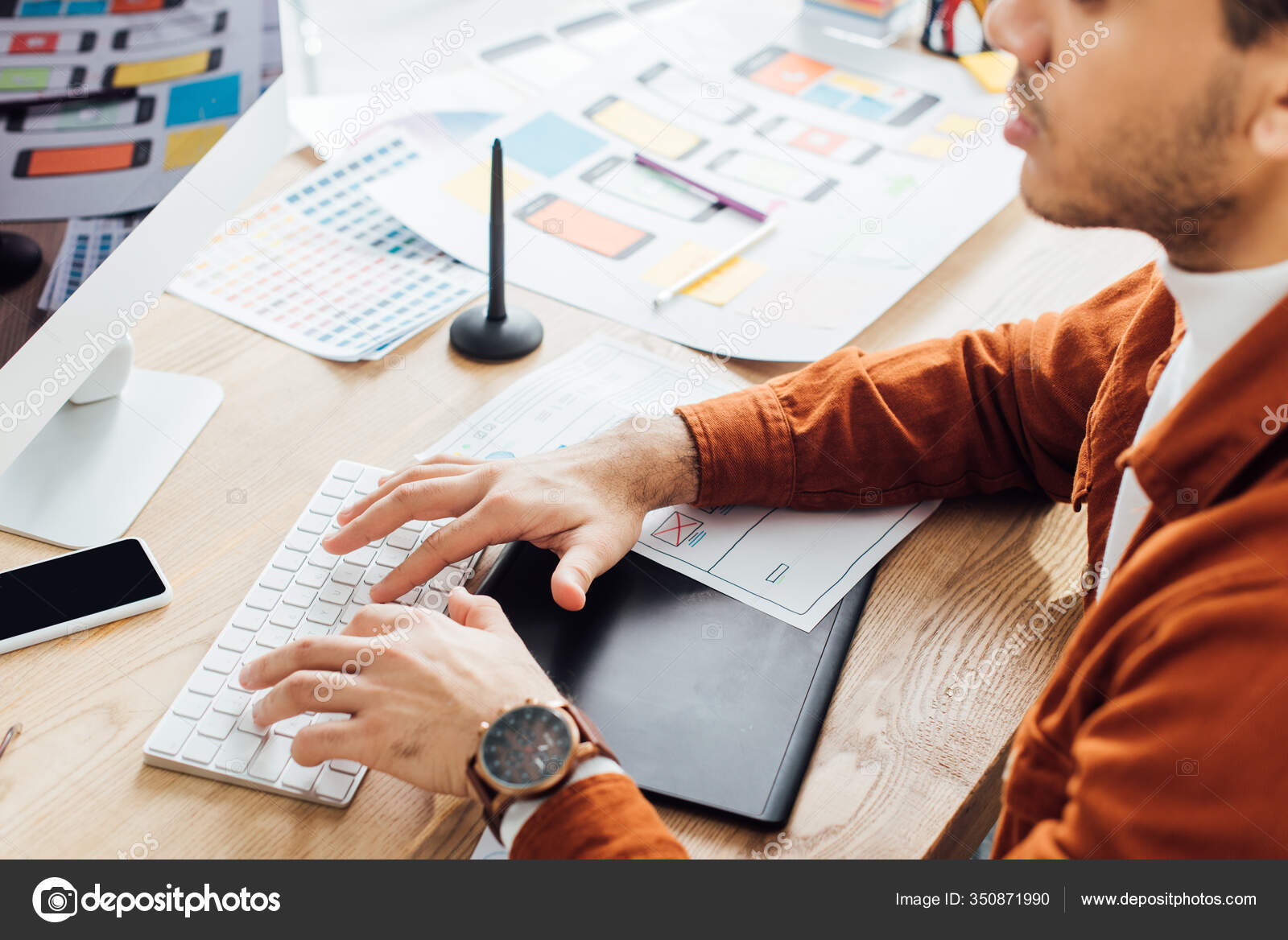 Cropped View Developer Using Computer Layouts Design Table — Stock ...