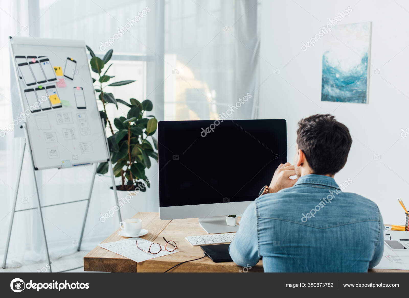 Back View Designer Working Laptop Sketches Whiteboard — Stock Photo ...