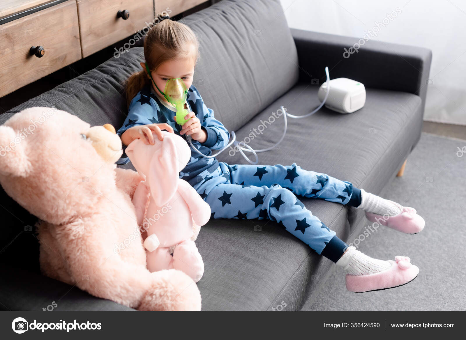 Asthmatic Kid Using Compressor Inhaler Soft Toys Stock Photo by ...