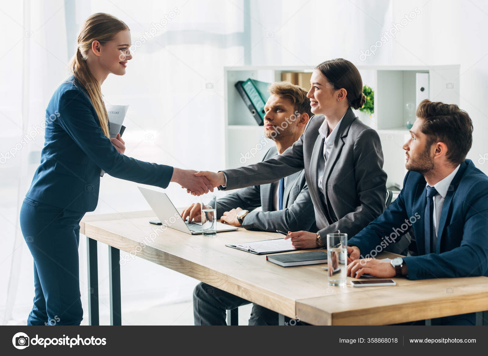 Smiling Employee Shaking Hands Recruiter Office Stock Photo by ...