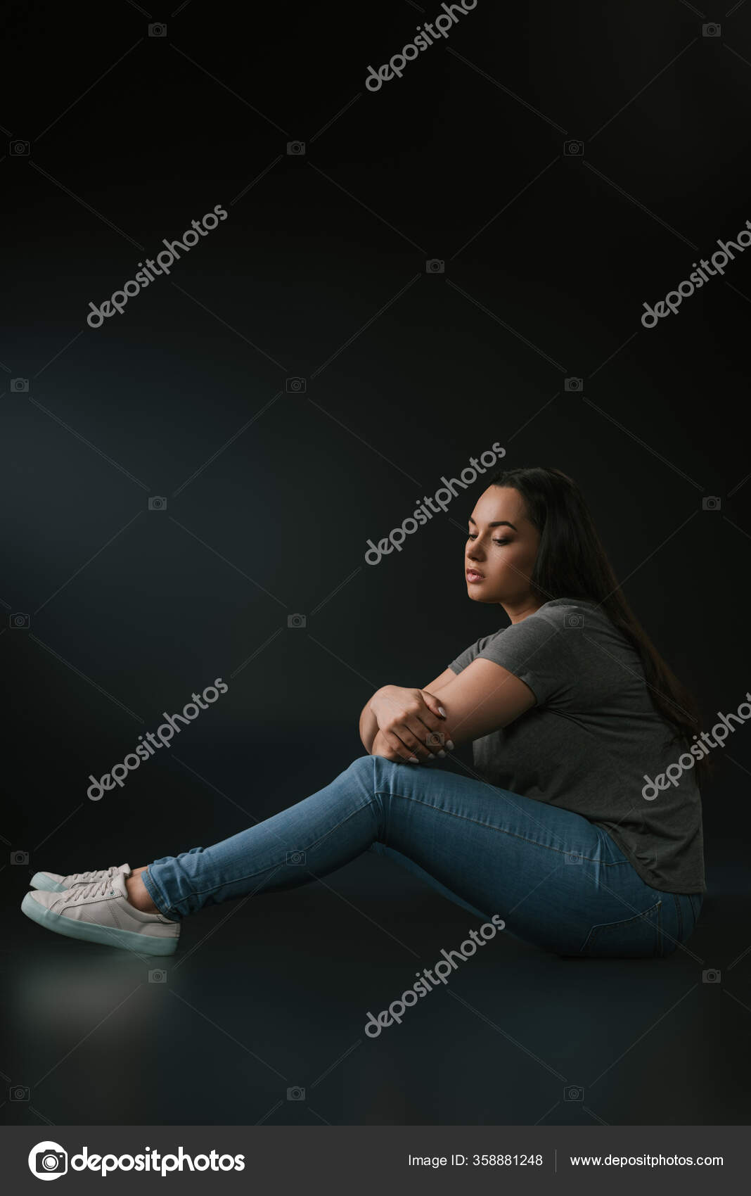 Side View Beautiful Sad Size Girl Sitting Sadly Black Background Stock ...