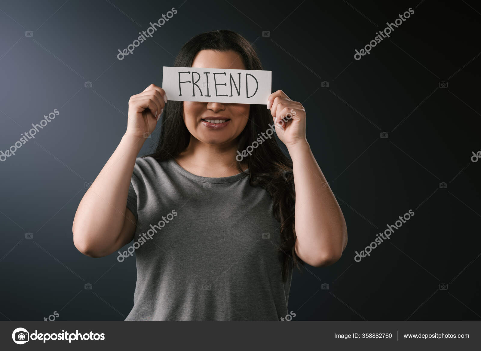 Front View Smiling Size Girl Covering Face Card Word Friend Stock Photo ...