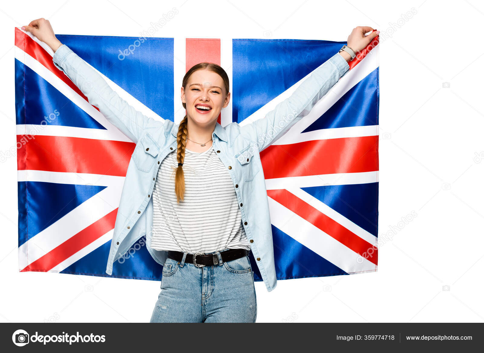 Happy Pretty Girl Braid Holding Flag Isolated White — Stock Photo ...
