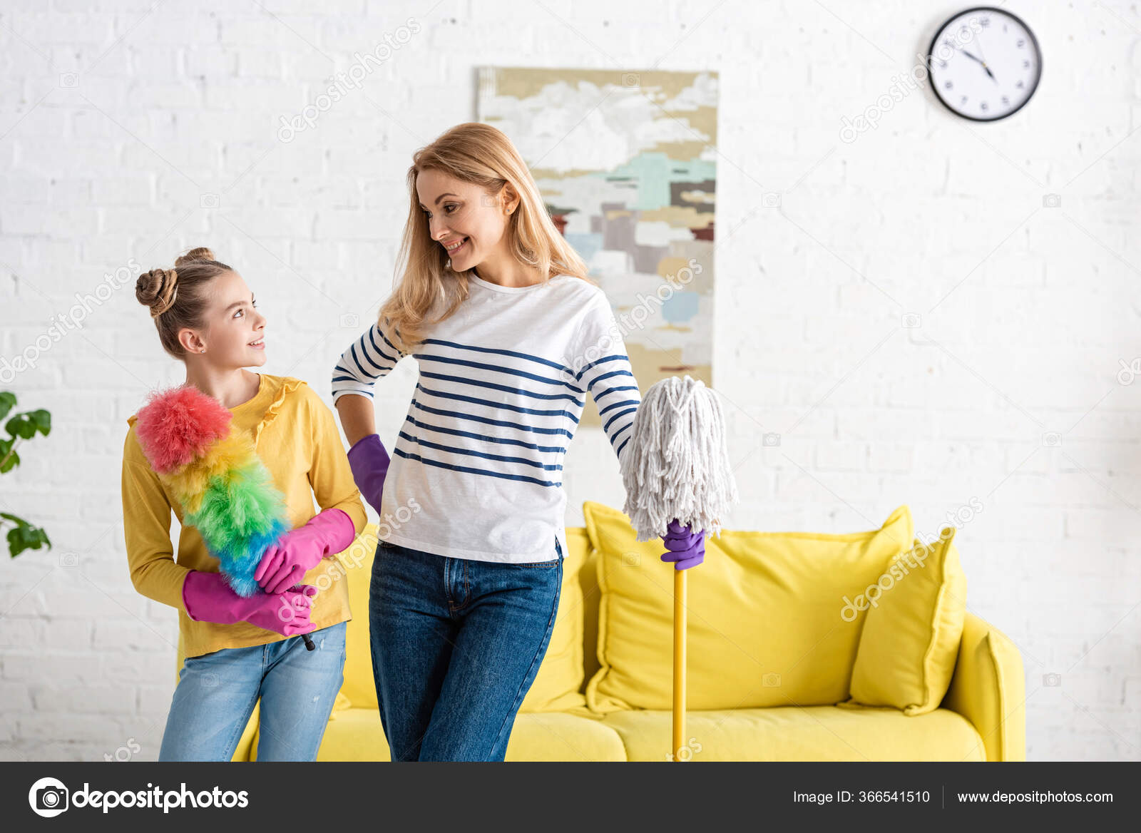 Mother Cute Daughter Feather Duster Mop Smiling Looking Each Other ...
