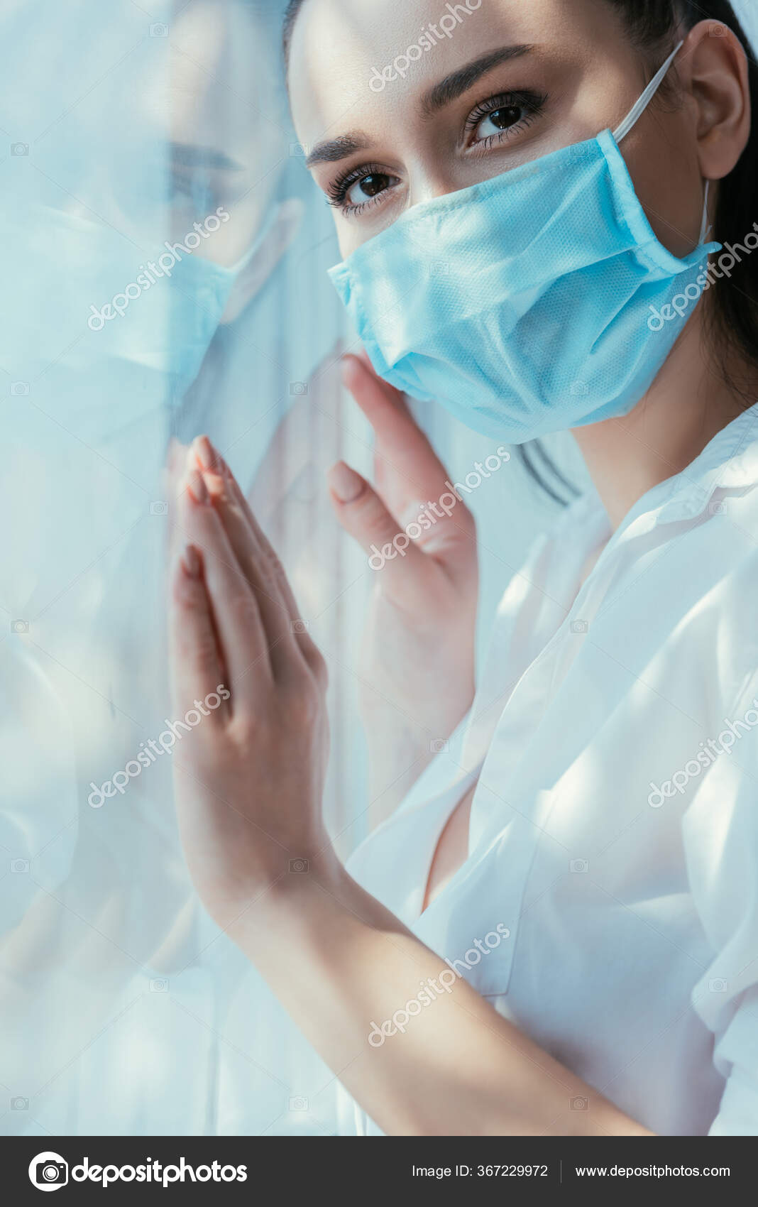 Sad Girl Medical Mask Touching Window Glass Looking Away Stock Photo by ...