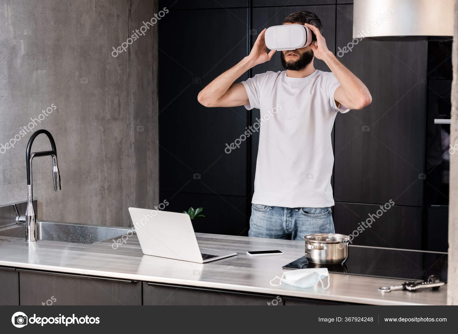Man Using Virtual Reality Headset Digital Devices Medical Mask Kitchen ...