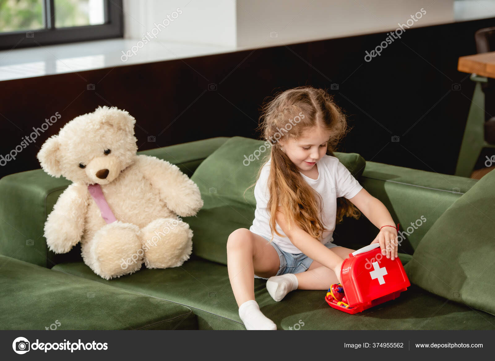Cute Child Touching Toy First Aid Kit Box Teddy Bear — Stock Photo ...