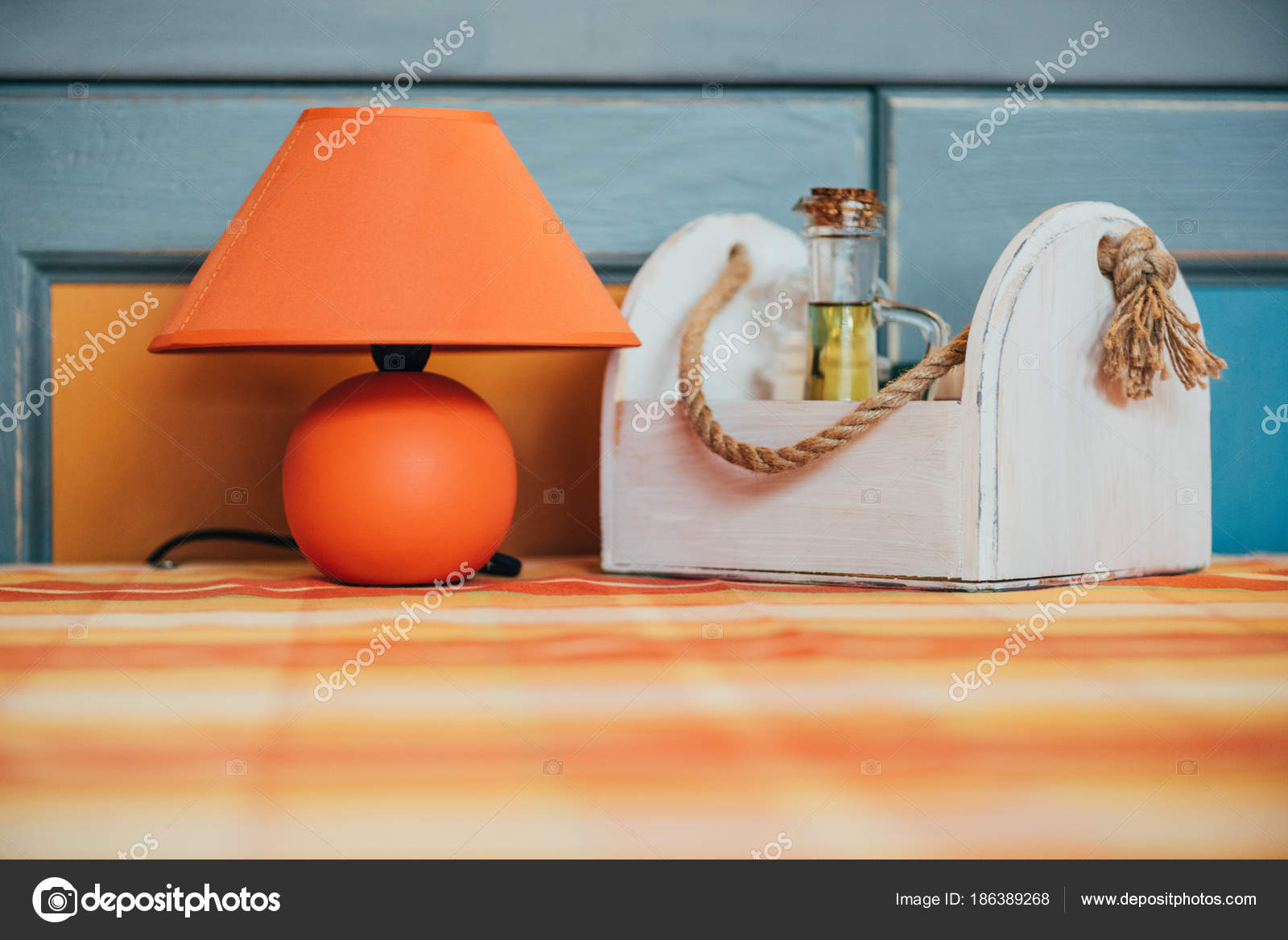 Close View Decorative Orange Lamp Wooden Box Spices Table Restaurant ...