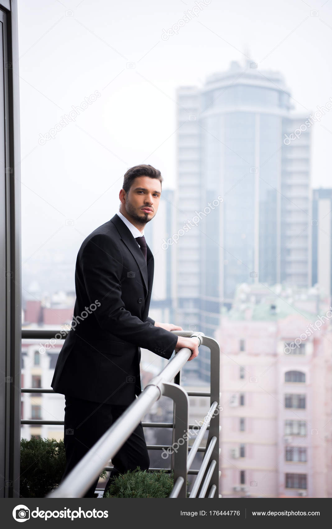 Portrait Young Pensive Man Suit Standing Restaurant Balcony Stock Photo ...