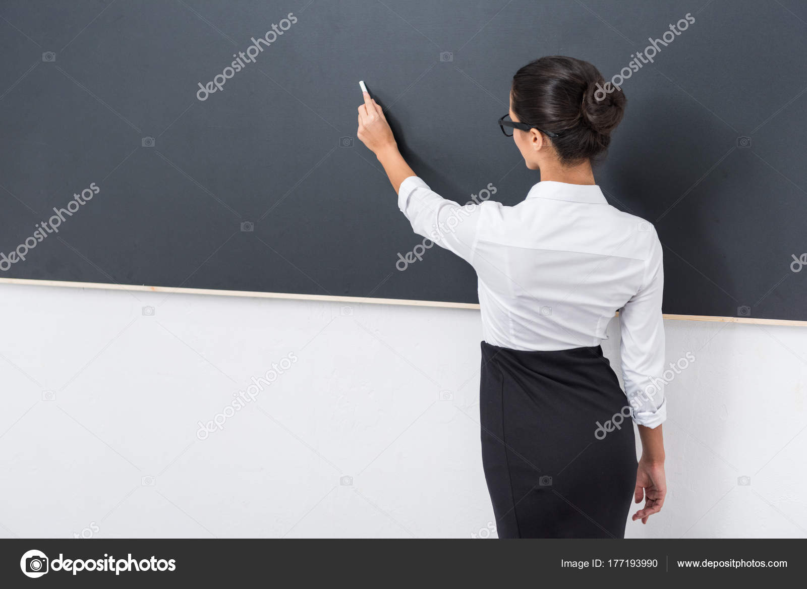 Beautiful Young Teacher Writing Chalk Blackboard — Stock Photo ...
