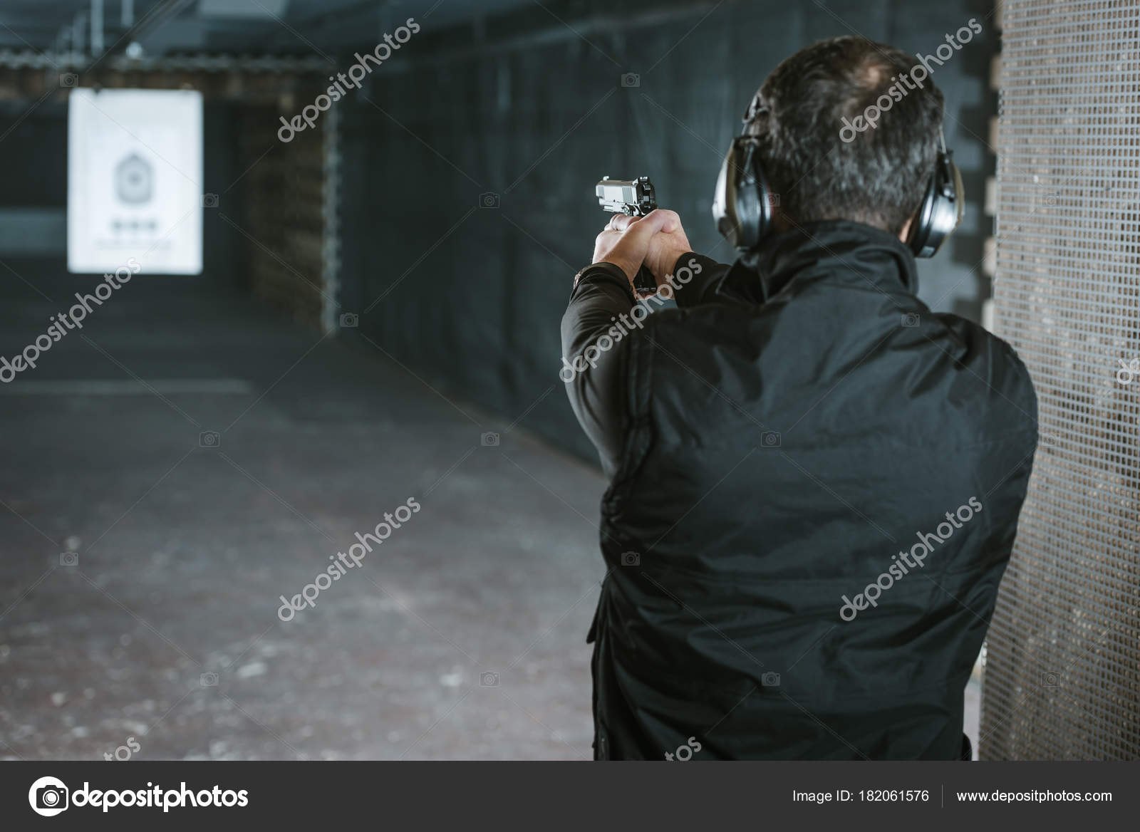 Rear View Man Aiming Gun Target Shooting Range — Stock Photo ...