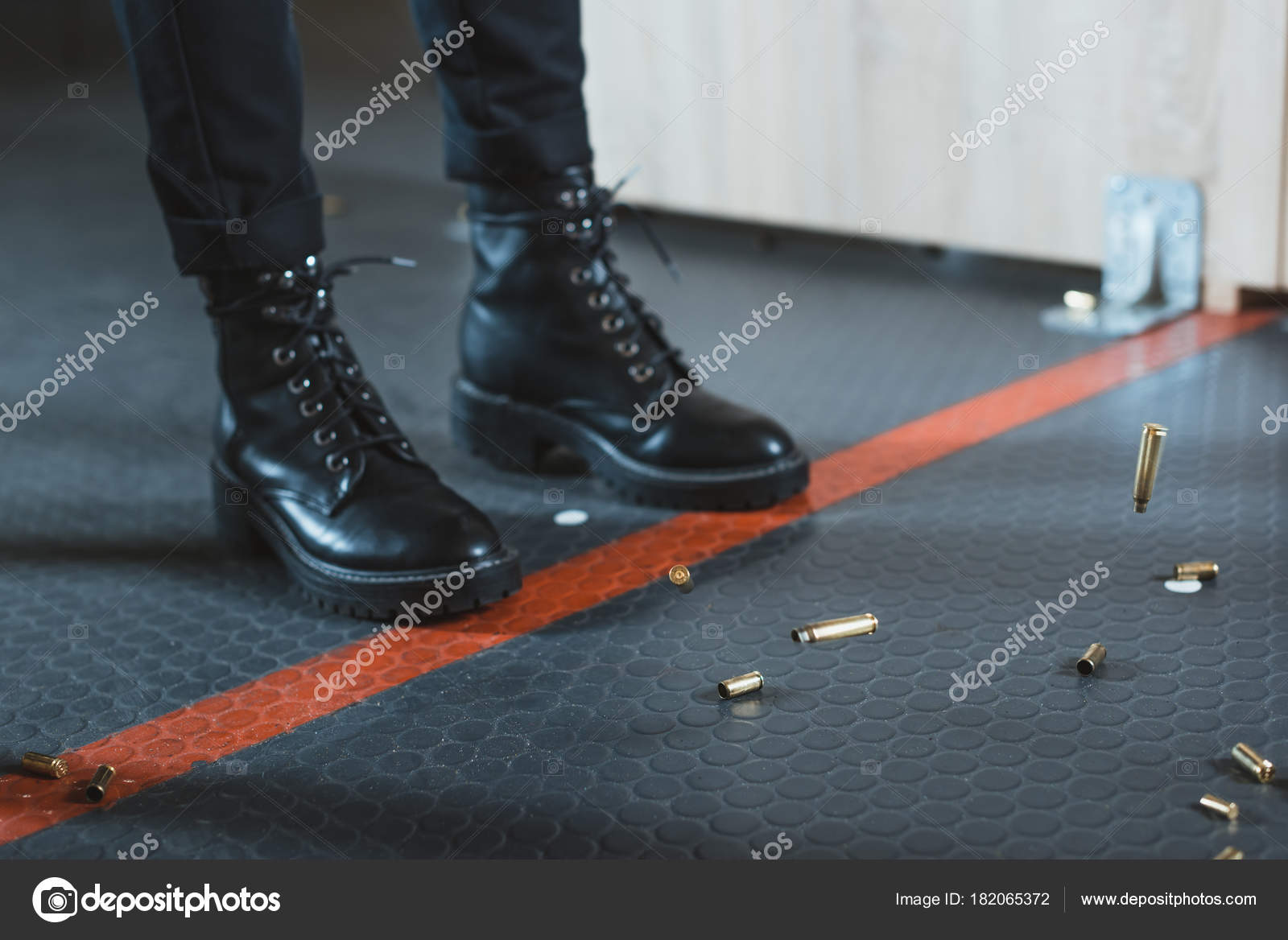 Cropped Image Woman Standing Red Line Falling Bullets Shooting Range ...