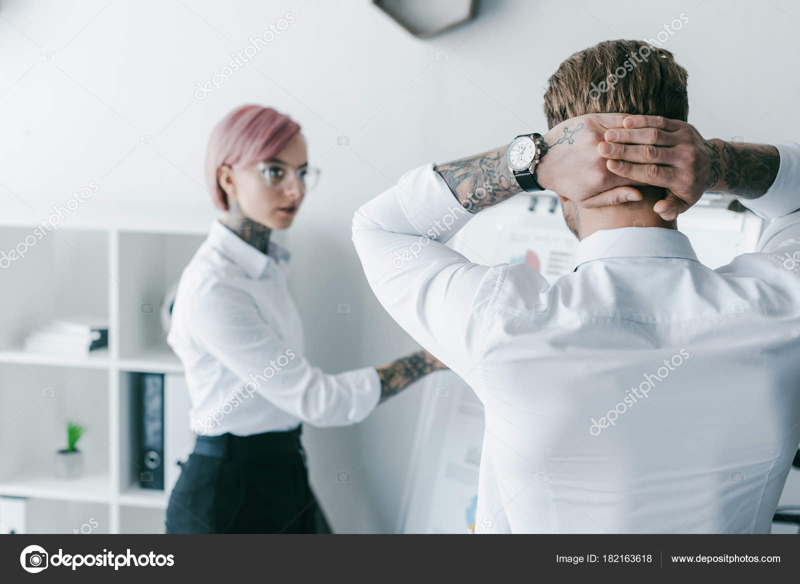 Back View Businessman Standing Hands Head Looking Female Colleague ...