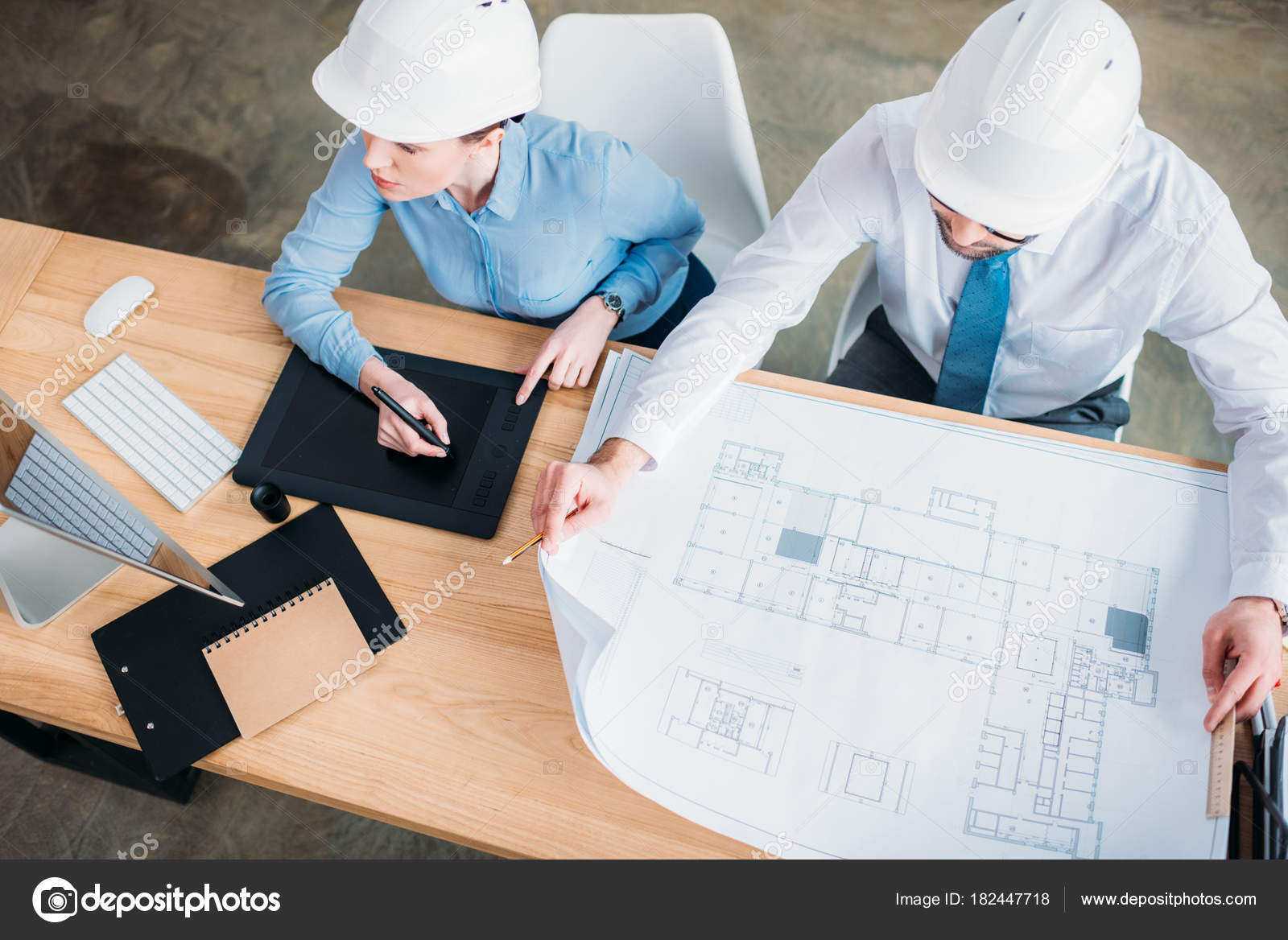 High Angle View Architects Working Building Plan Drawing Tablet Office ...