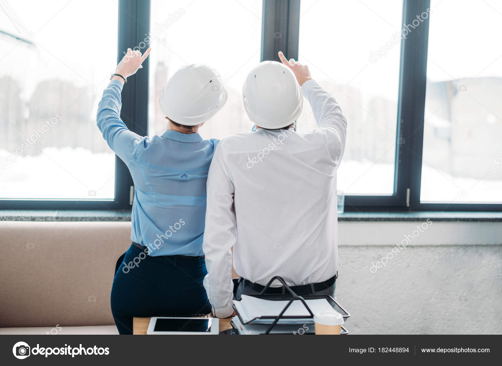 Back View Architects Pointing Window Office — Stock Photo ...