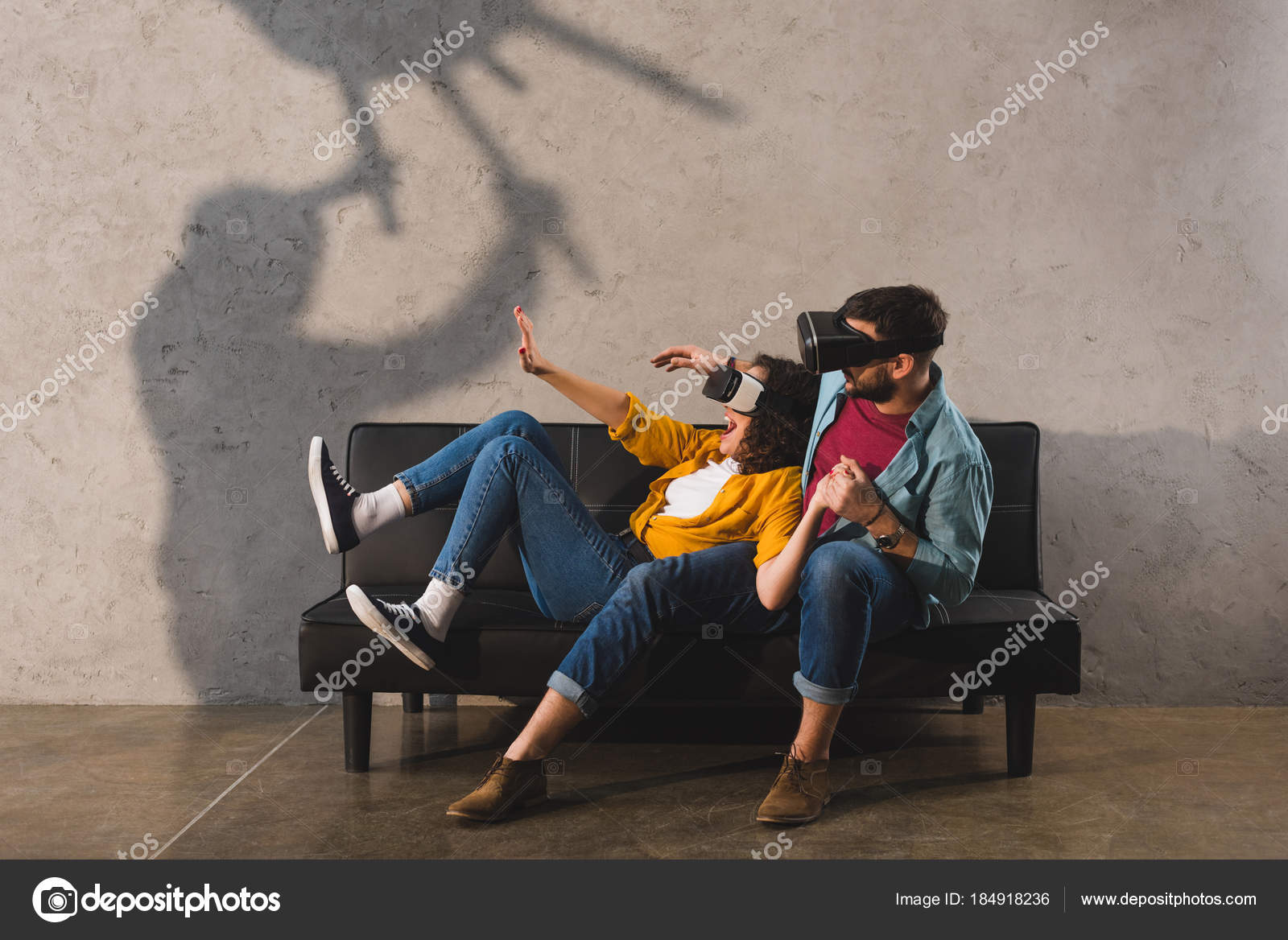 Scary Shadow Holding Chair Scared Couple Virtual Reality Headset Couch ...