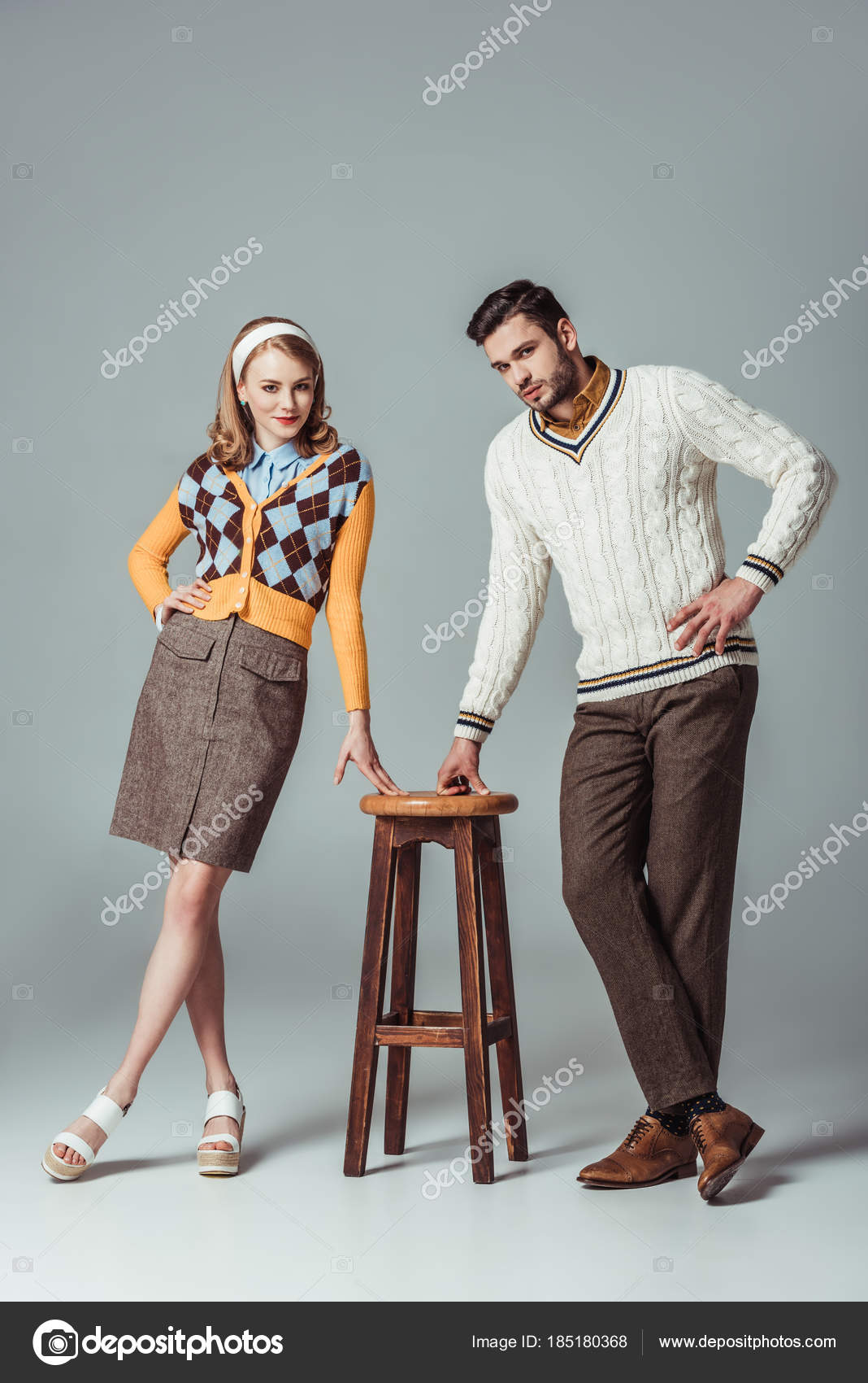 Beautiful Retro Styled Couple Posing Wooden Chair Grey Stock Photo by ...
