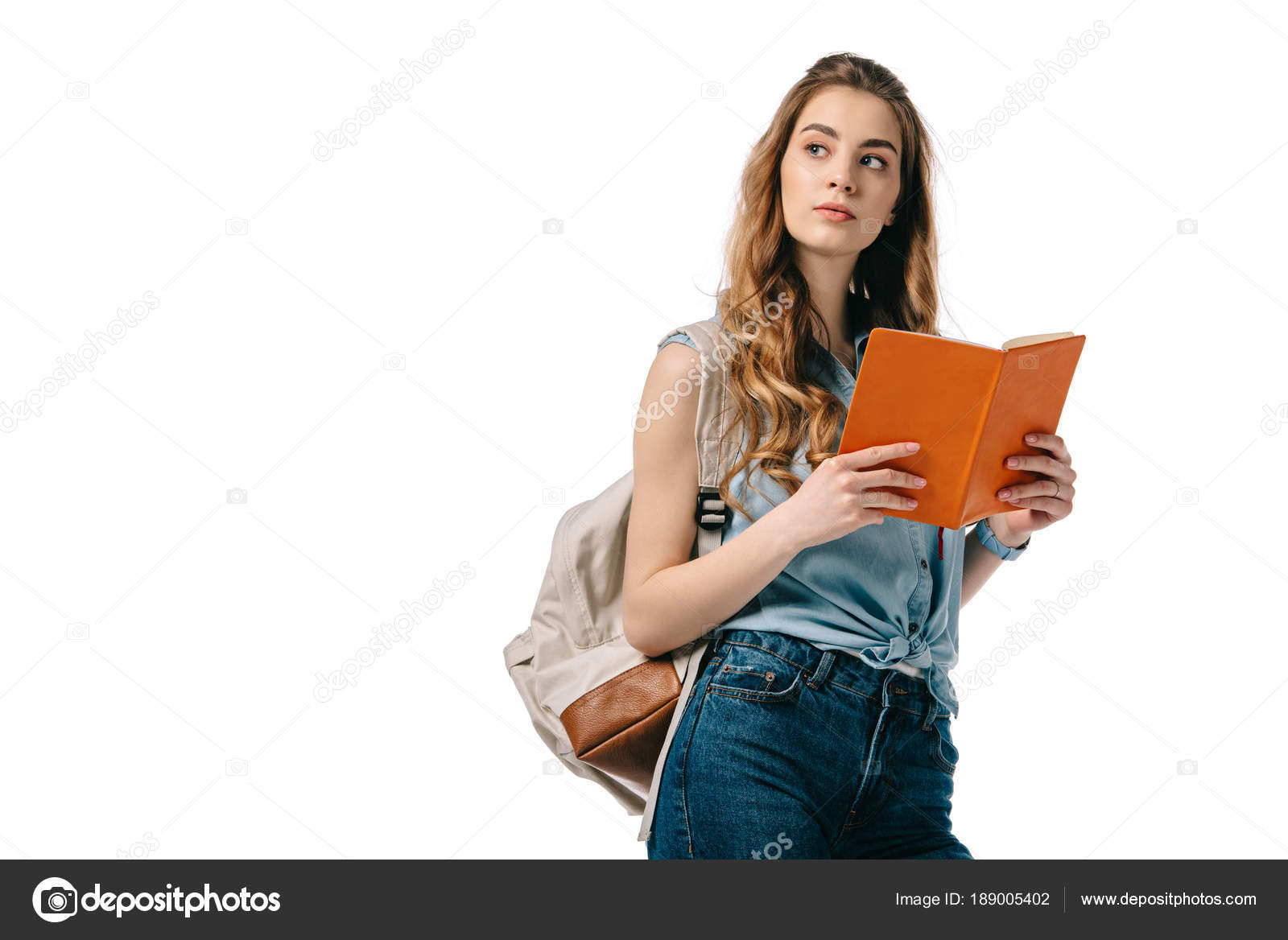 Beautiful Student Holding Open Book Looking Away Isolated White — Stock ...