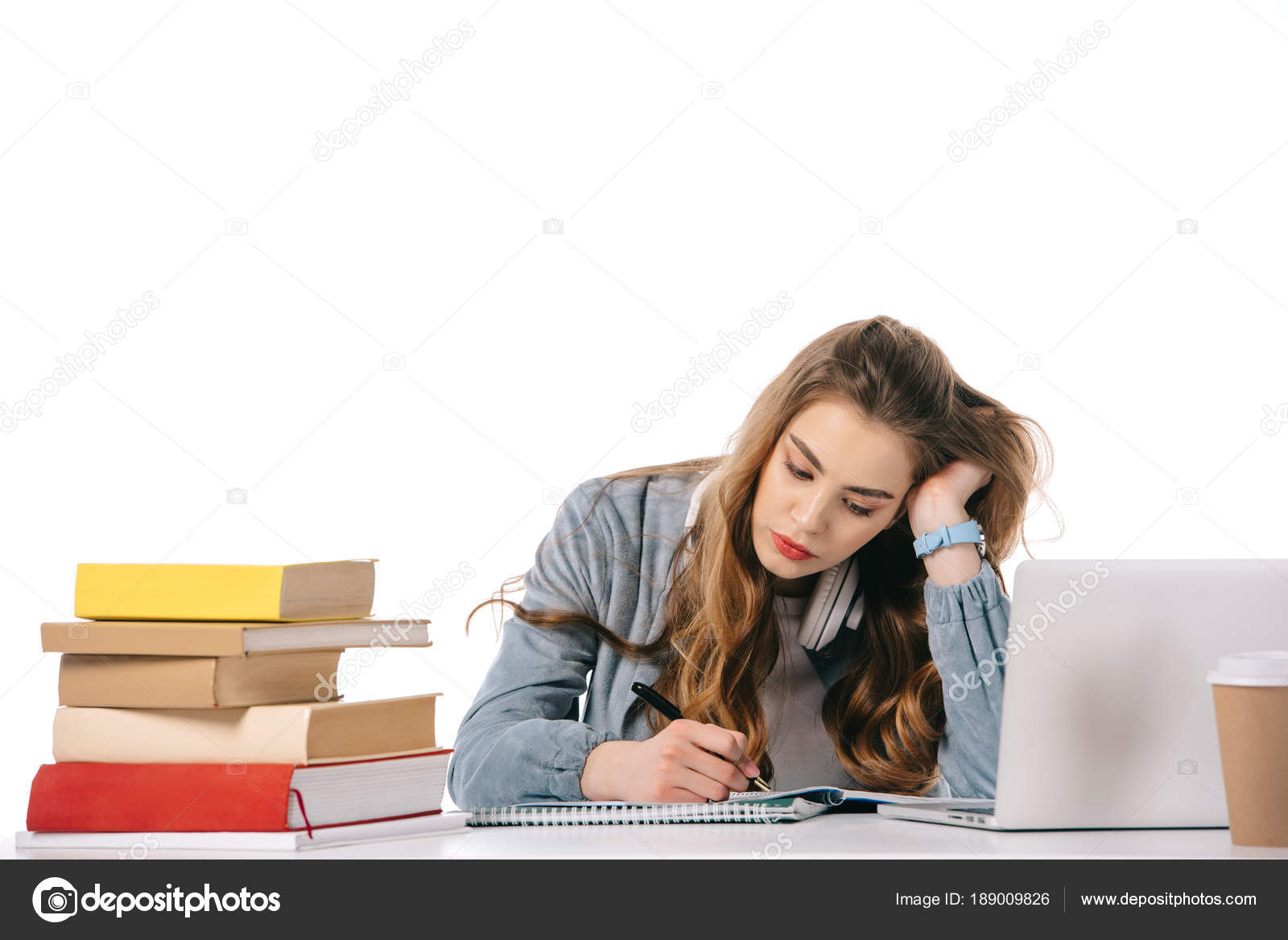 Tired Student Writing Something Table Isolated White — Stock Photo ...