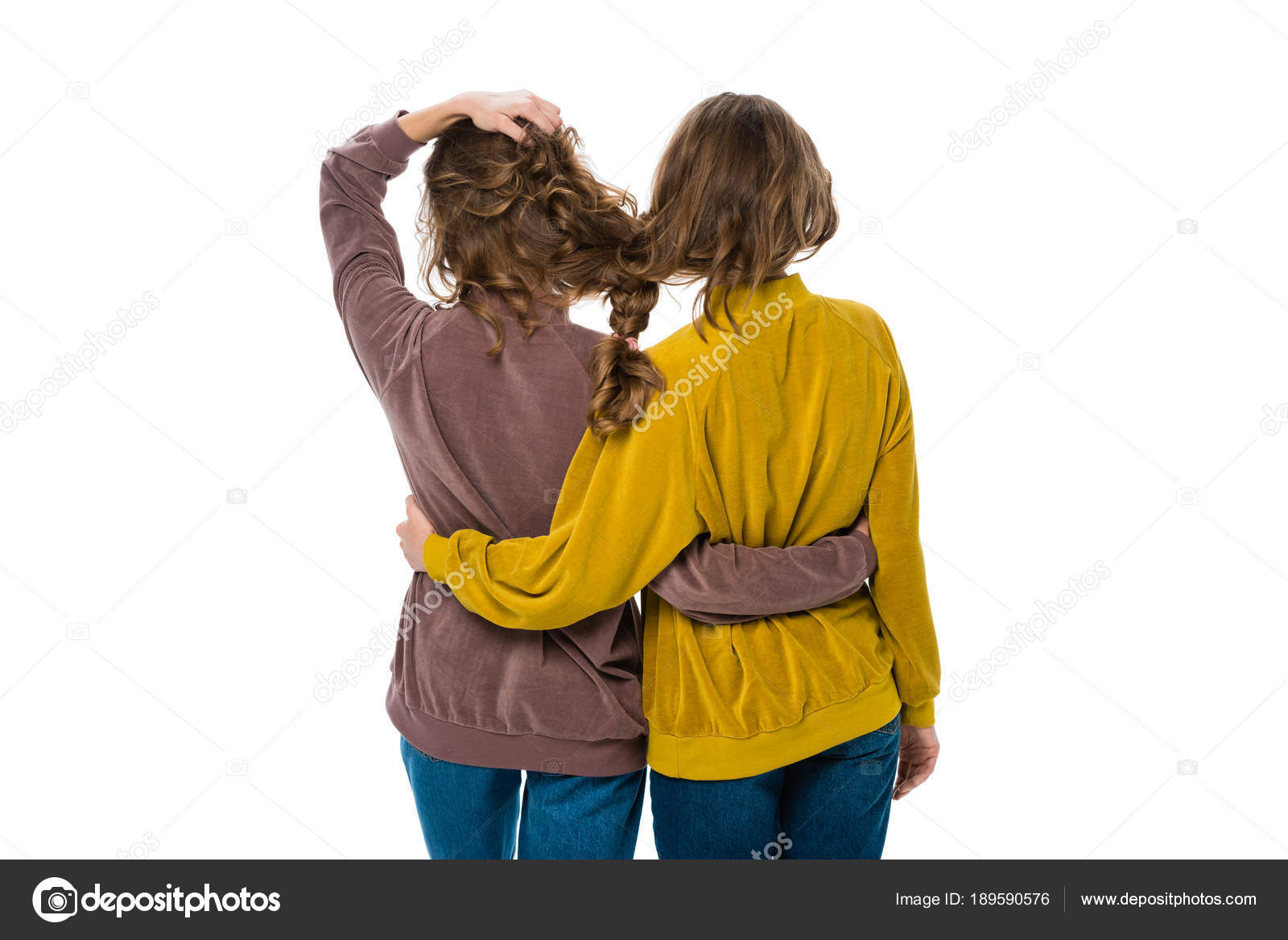 Back View Twins Hugging Hair One Braid Isolated White Stock Photo by ...