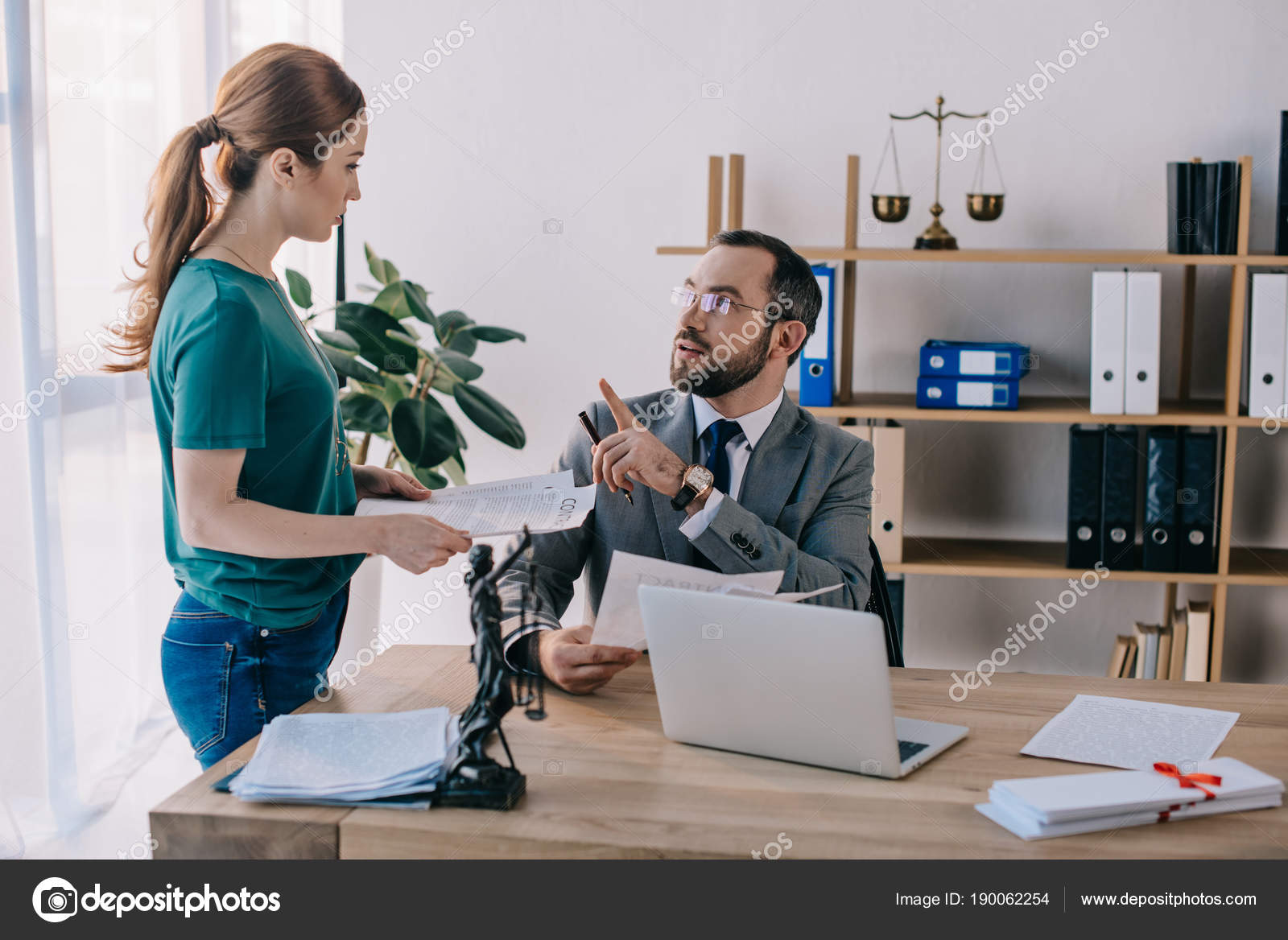 Lawyer Eyeglasses Client Discussing Contract Workplace Laptop Office ...