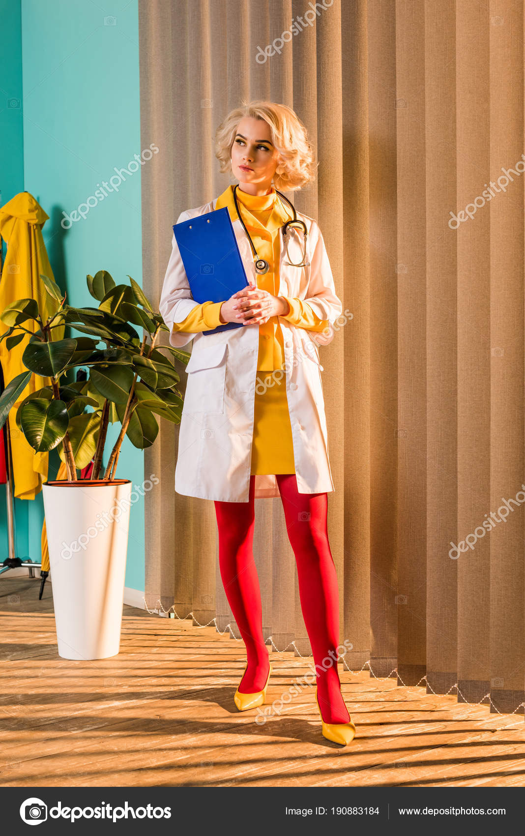 Beautiful Retro Styled Doctor Colorful Dress Holding Clipboard Looking ...