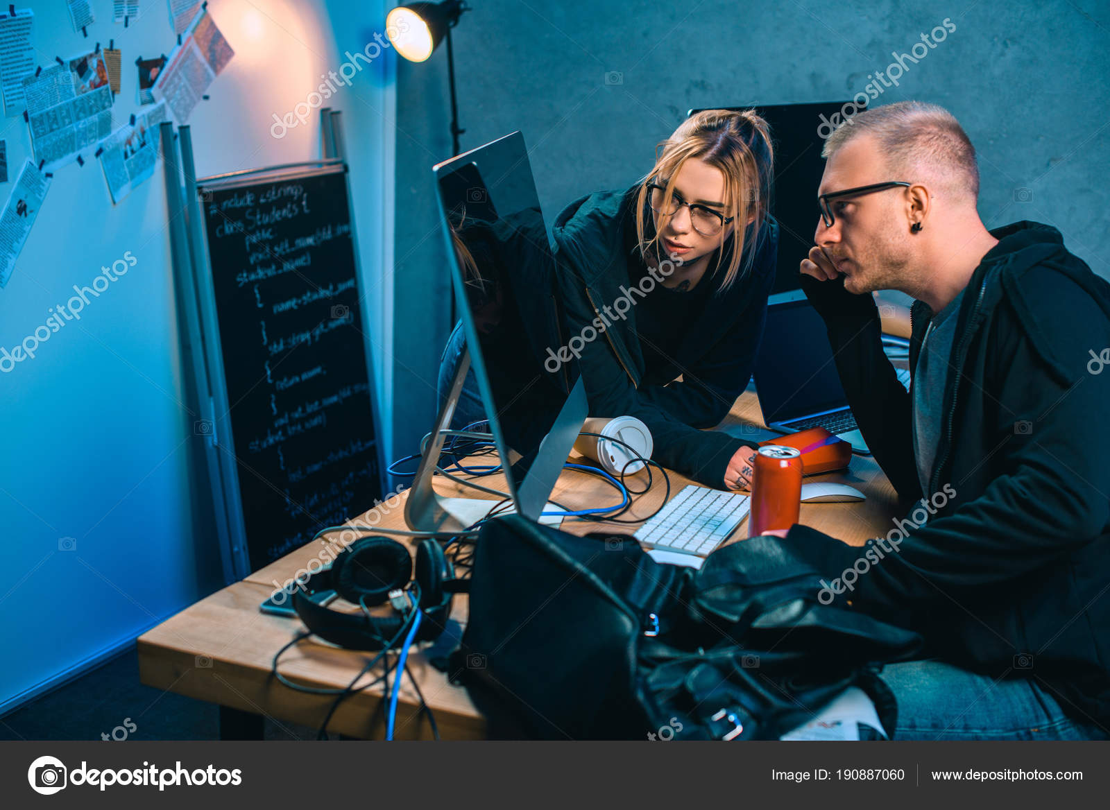 Thoughtful Couple Hackers Looking Computer Screen Together Dark Room ...