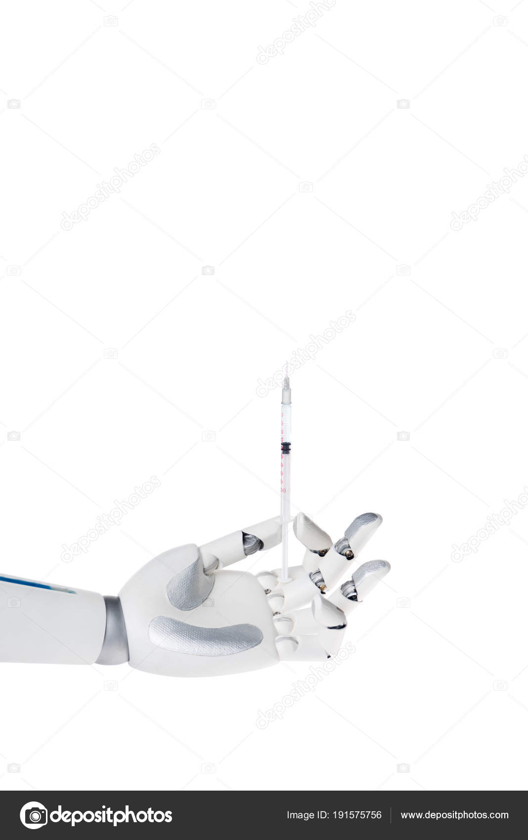 Robot Hand Holding Syringe Injection Isolated White Stock Photo by ...