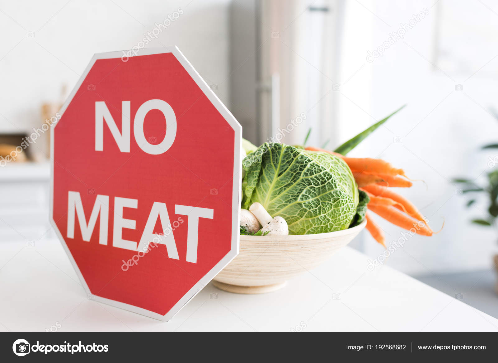 Meat Sign Bowl Vegetables Kitchen Counter Stock Photo by ©VitalikRadko ...