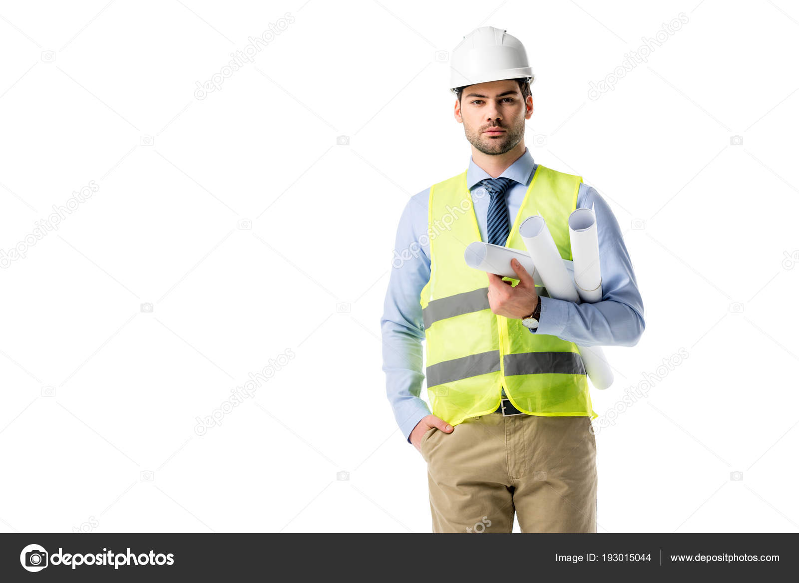 Handsome Architect Reflective Vest Helmet Holding Blueprints Isolated ...