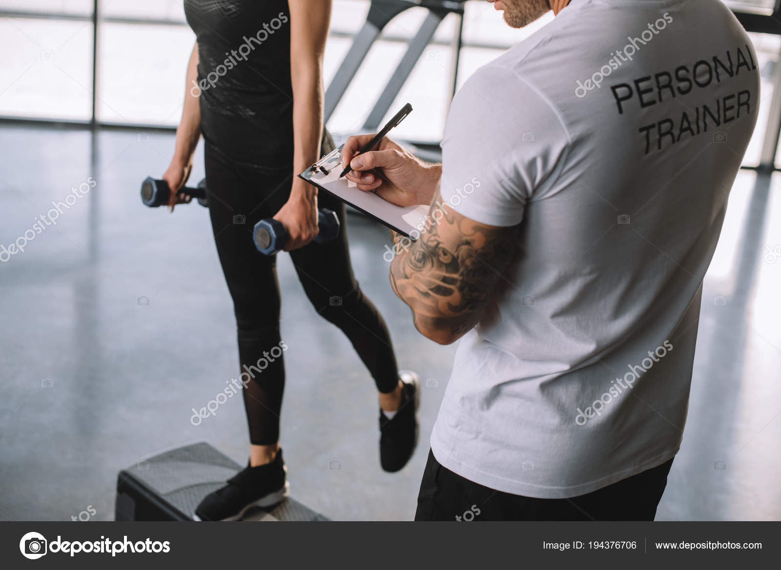 Cropped Image Male Personal Trainer Writing Clipboard Young Sportswoman ...