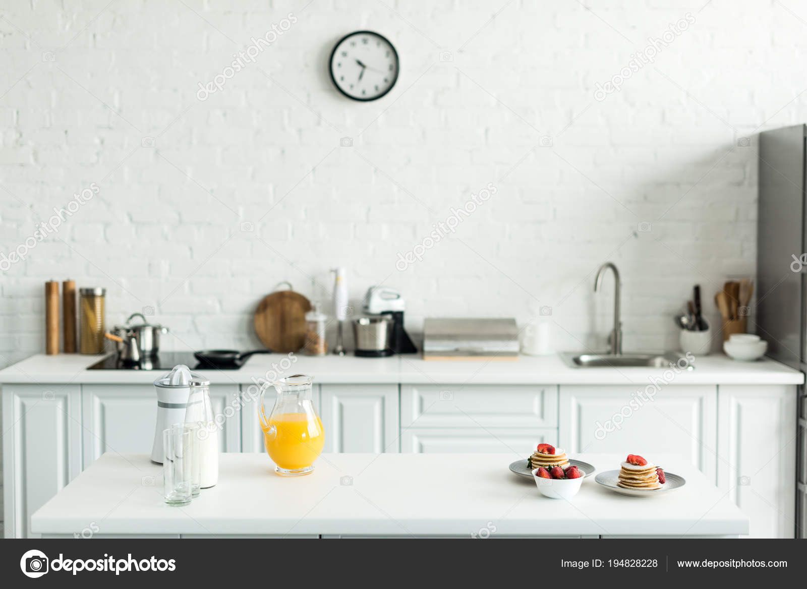 Interior Kitchen Yummy Pancakes Orange Juice Kitchen Counter — Stock ...