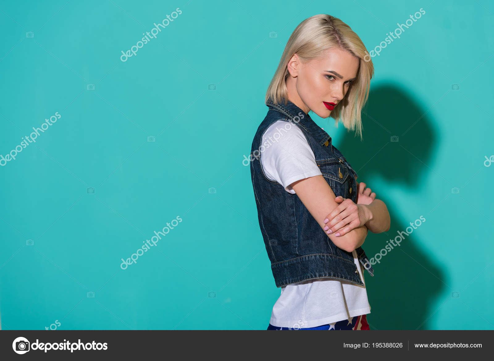 Side View Stylish Young Woman White Shirt Denim Jacket Posing — Stock ...