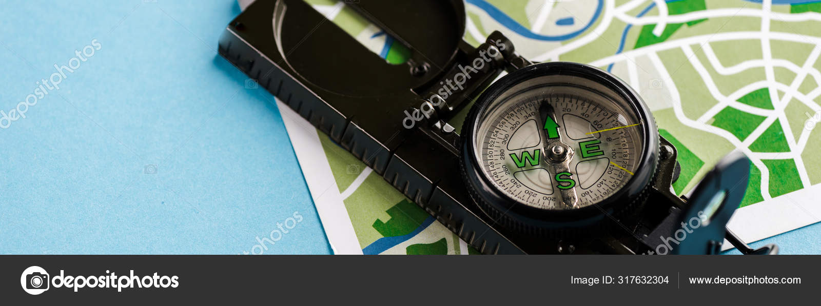 Panoramic Shot Retro Black Compass Map Blue — Stock Photo ...