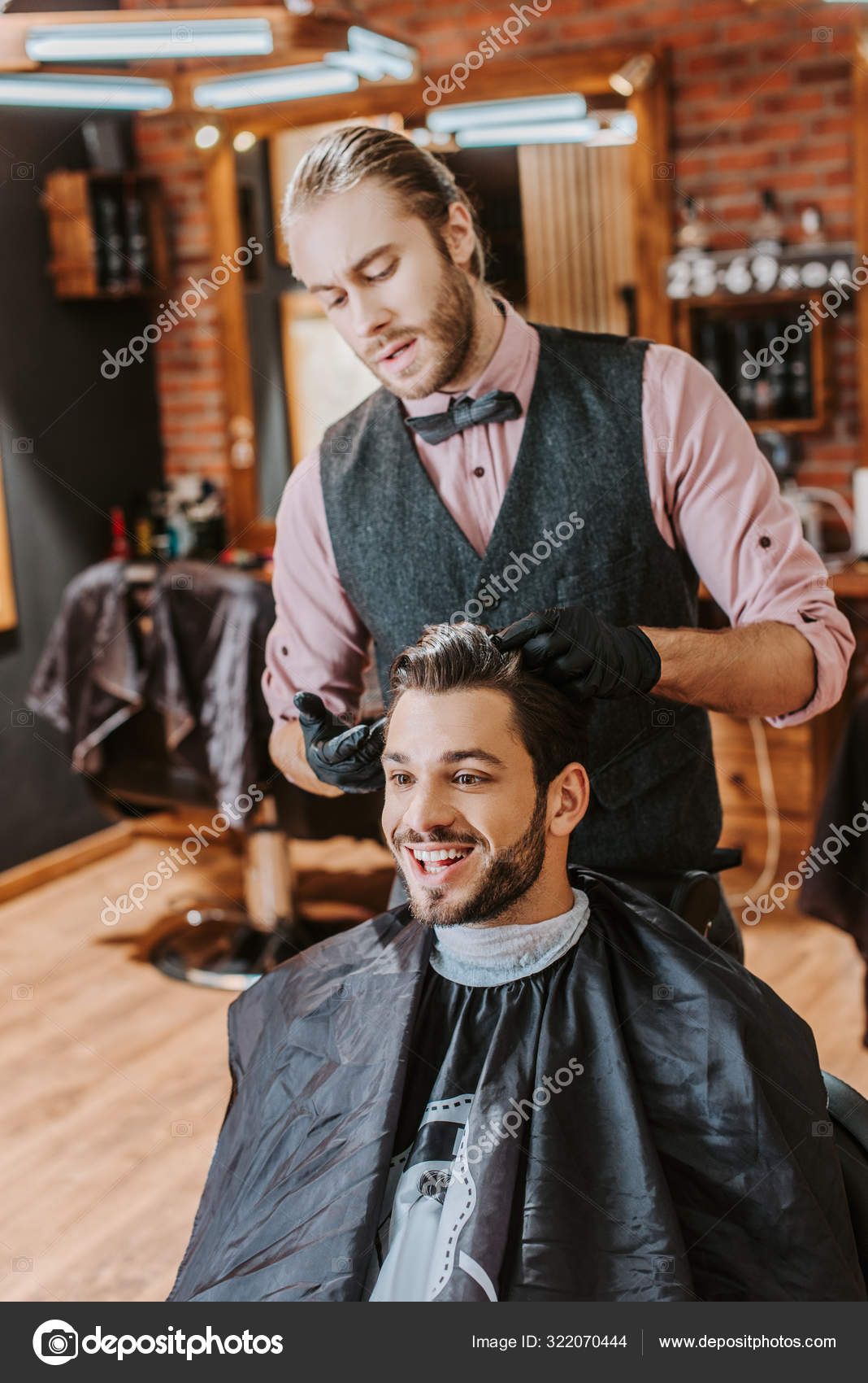 Handsome Barber Black Latex Gloves Touching Hair Happy Man Barbershop ...