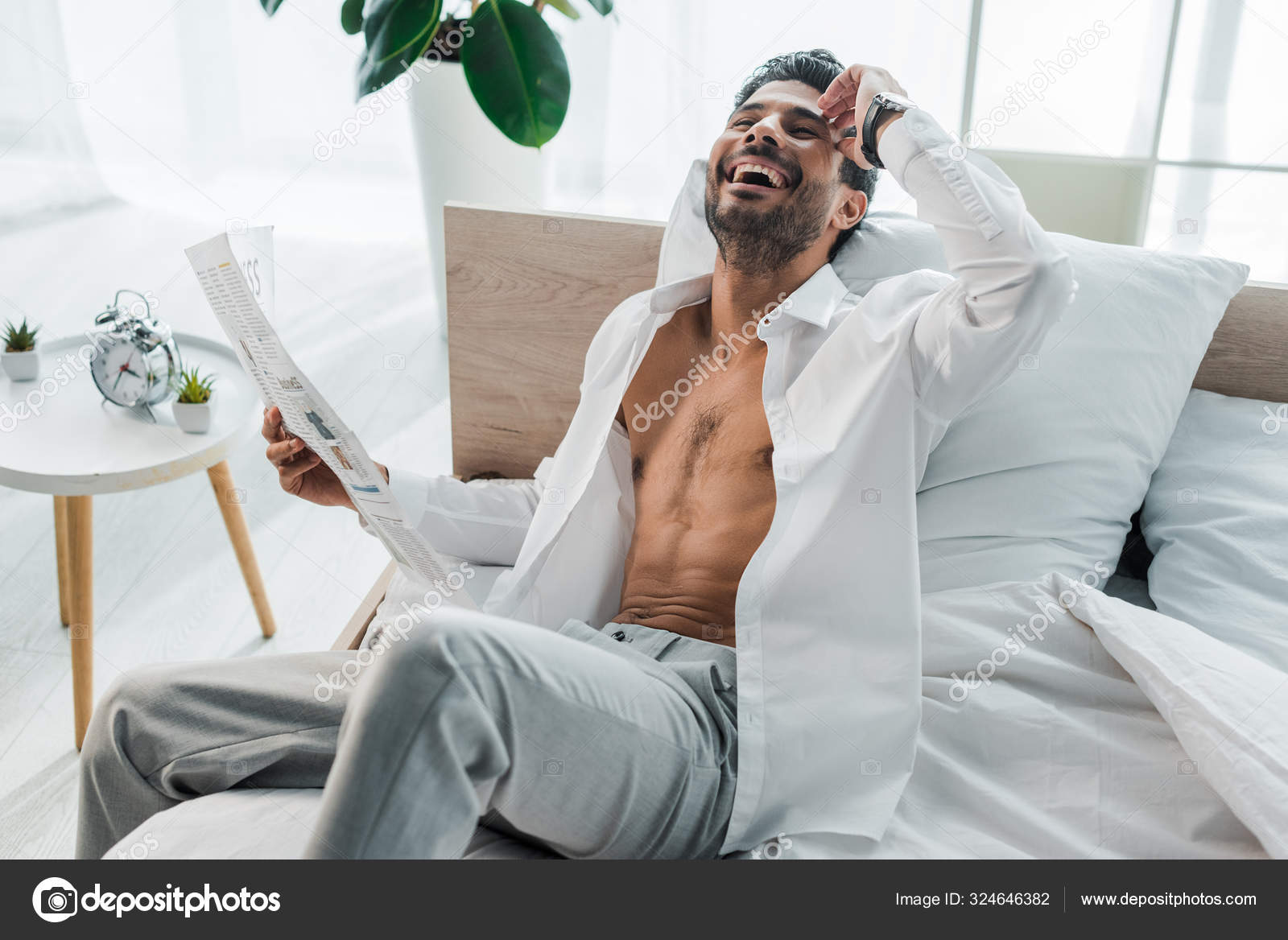 Handsome Smiling Racial Man Holding Newspaper Morning Stock Photo by ...