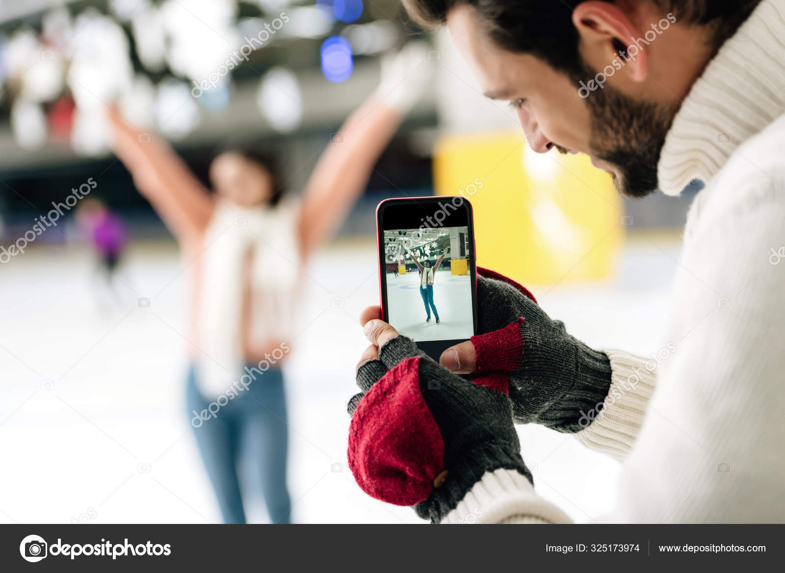 Selective Focus Smiling Man Taking Photo Woman Smartphone Skating Rink ...