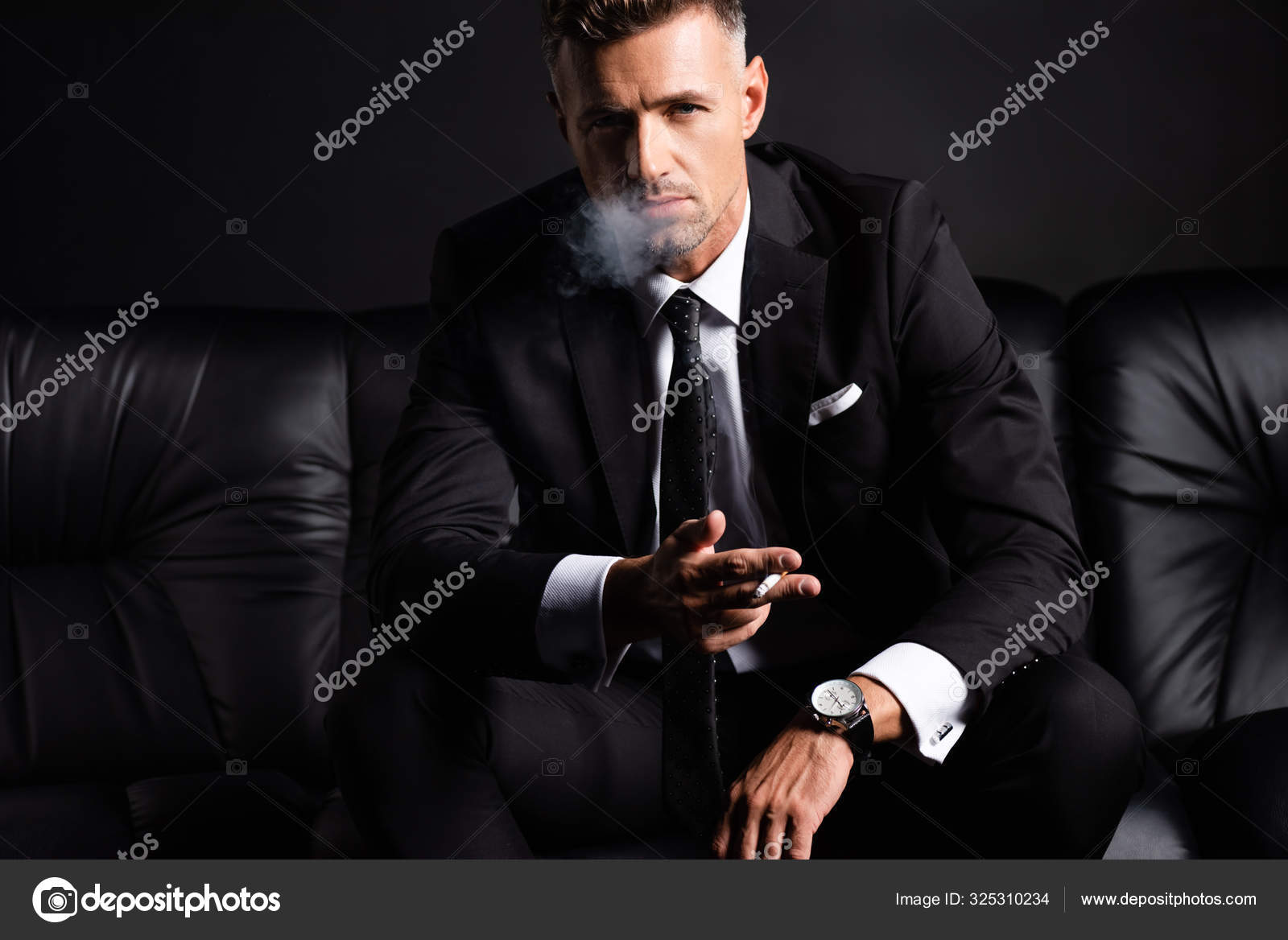 Handsome Businessman Smoking Cigarette Sofa Isolated Black Stock Photo ...