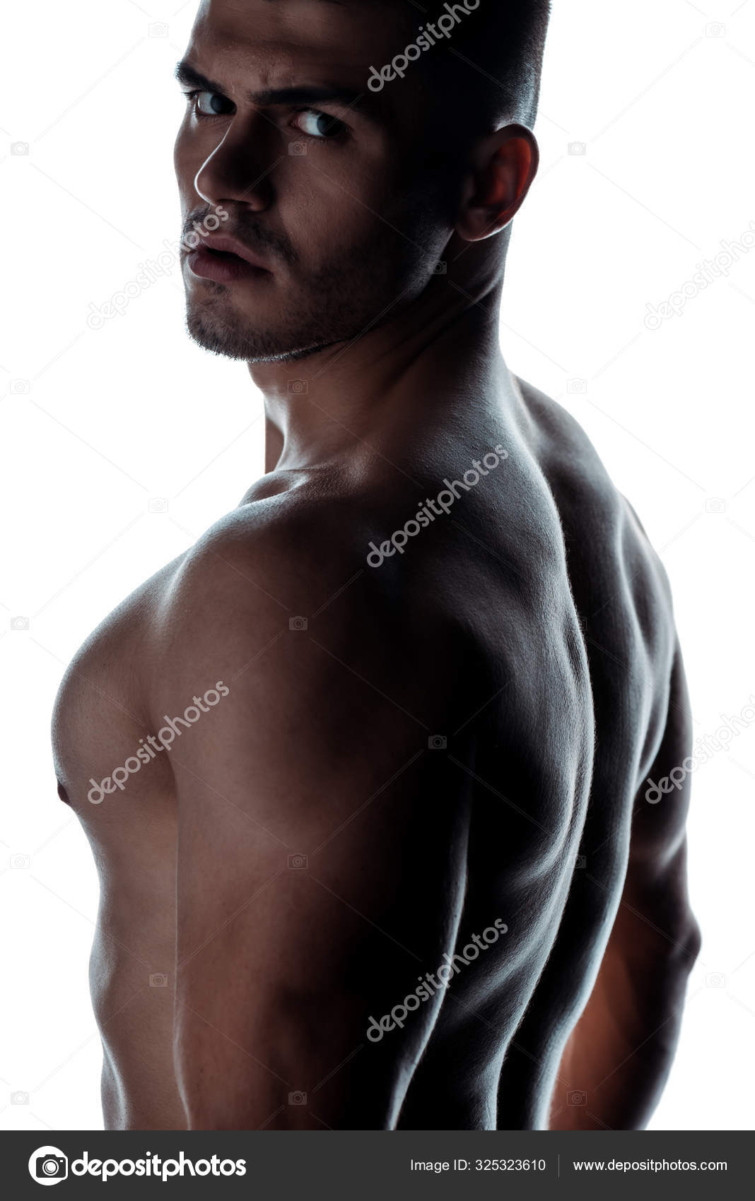 Sexy Muscular Bodybuilder Bare Torso Posing Shadow Isolated White ...