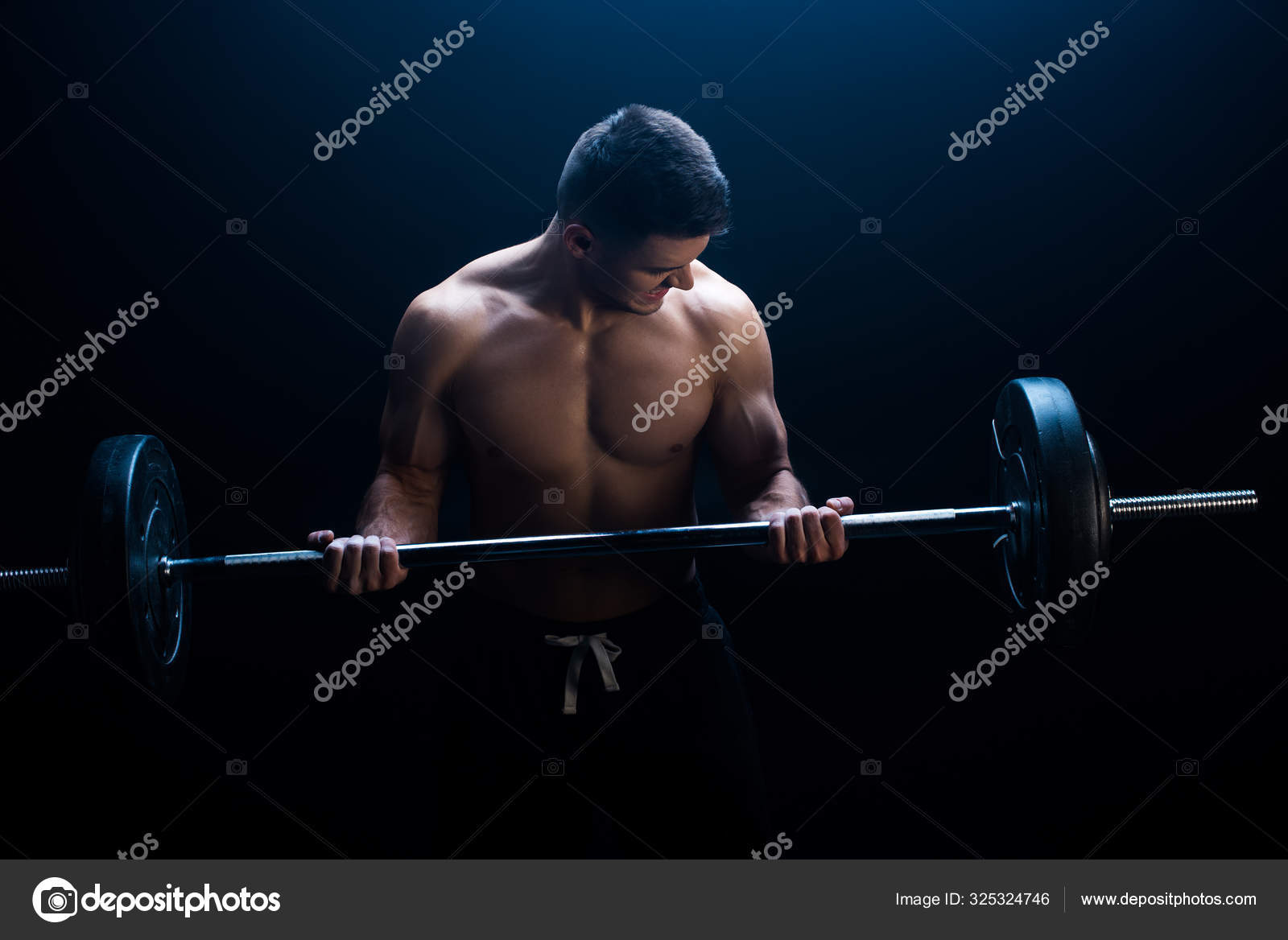 Sexy Muscular Bodybuilder Bare Torso Excising Barbell Black Background ...