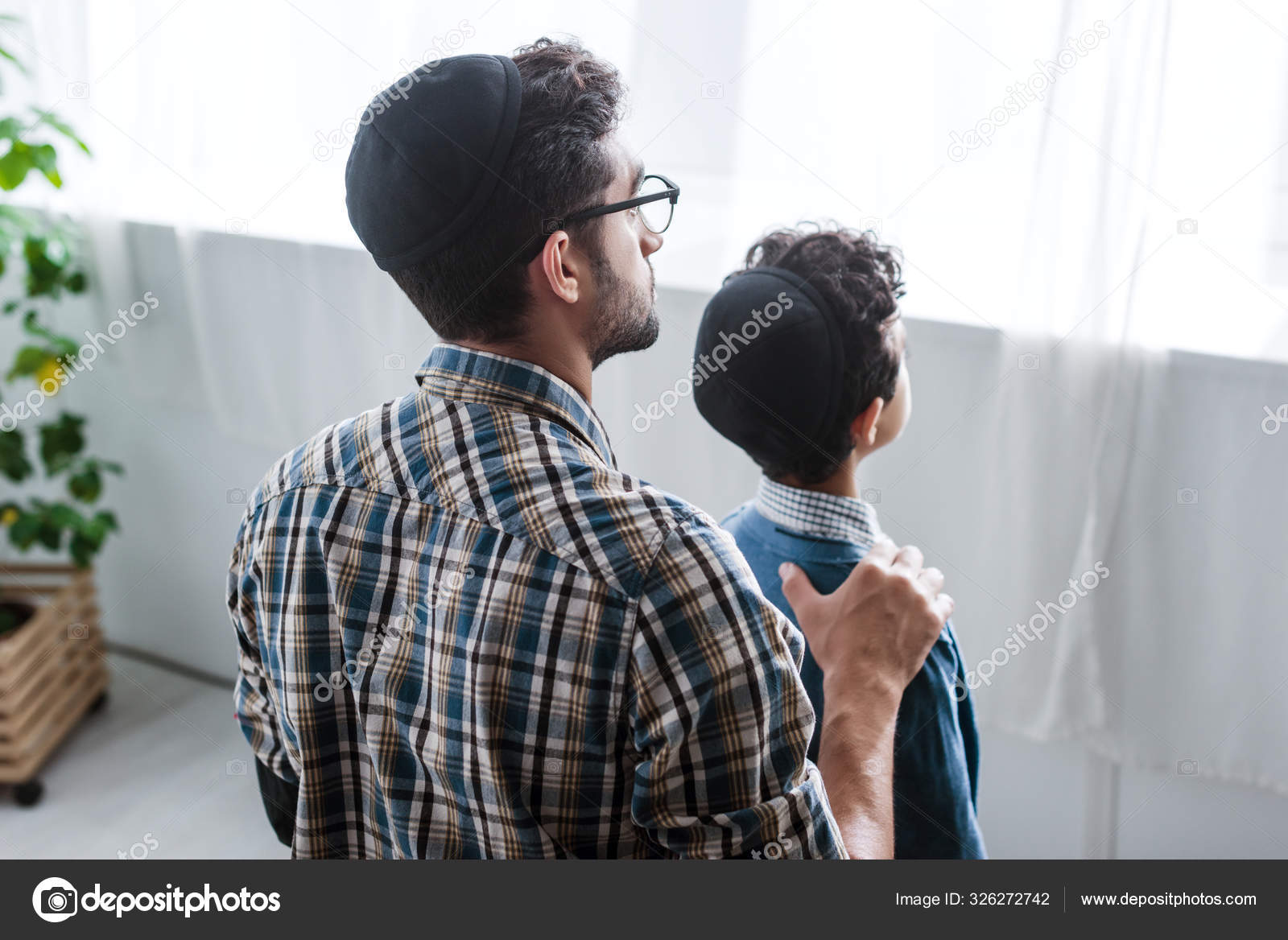 Back View Jewish Father Son Looking Window Apartment — Stock Photo ...