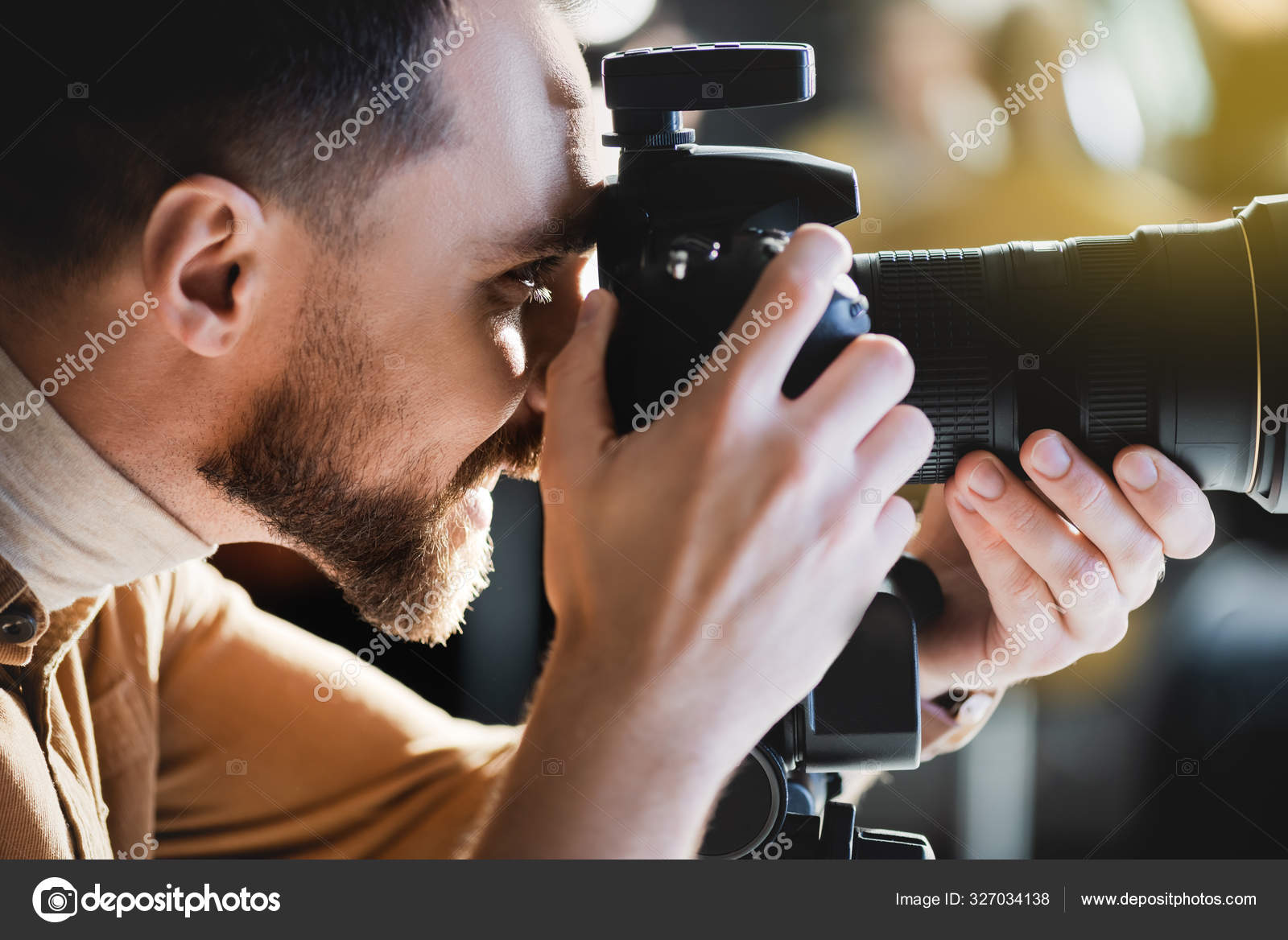 Side View Smiling Photographer Taking Photo Digital Camera Backstage ...