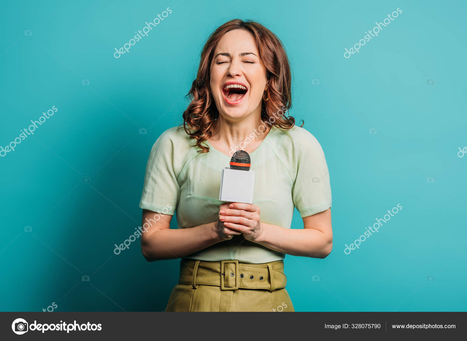 Cheerful Journalist Laughing While Holding Microphone Blue Background ...