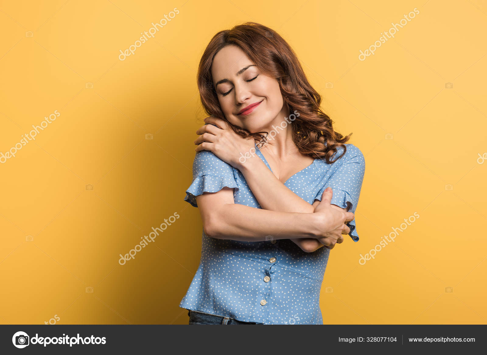 Happy Woman Hugging Herself While Standing Closed Eyes Yellow ...