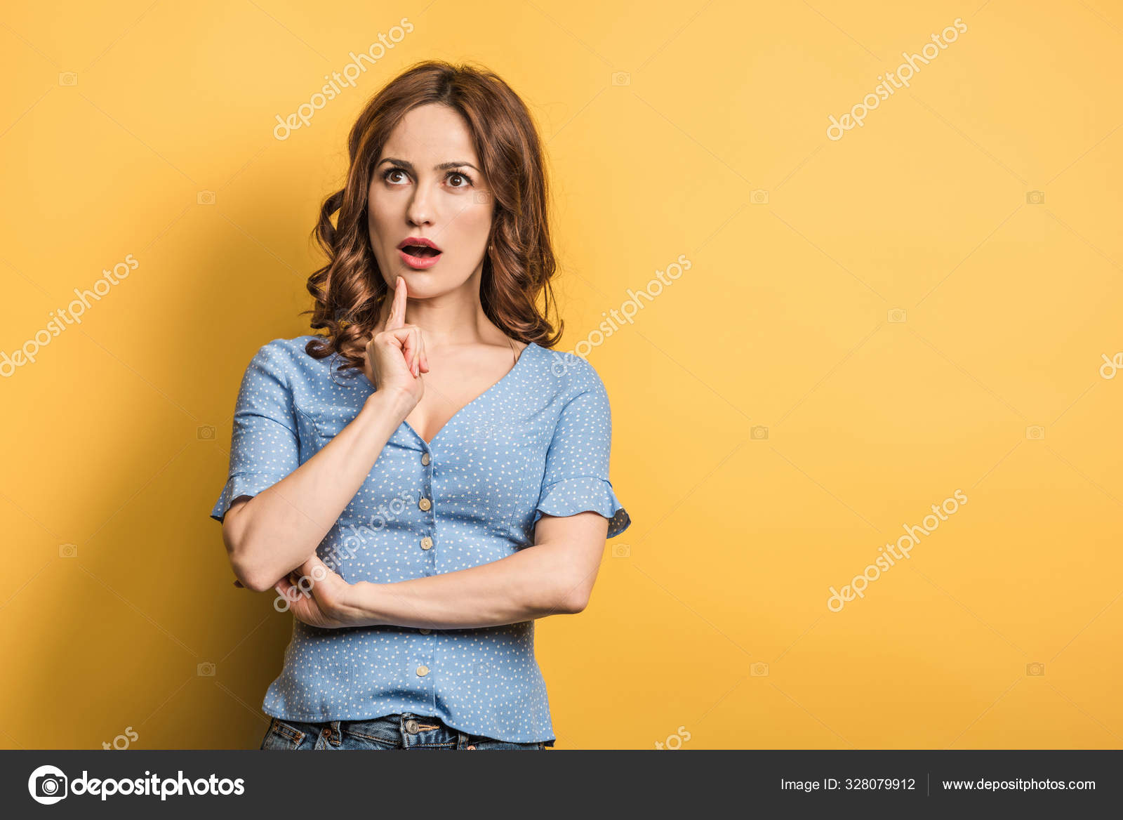 Shocked Girl Looking While Holding Hand Face Yellow Background Stock ...
