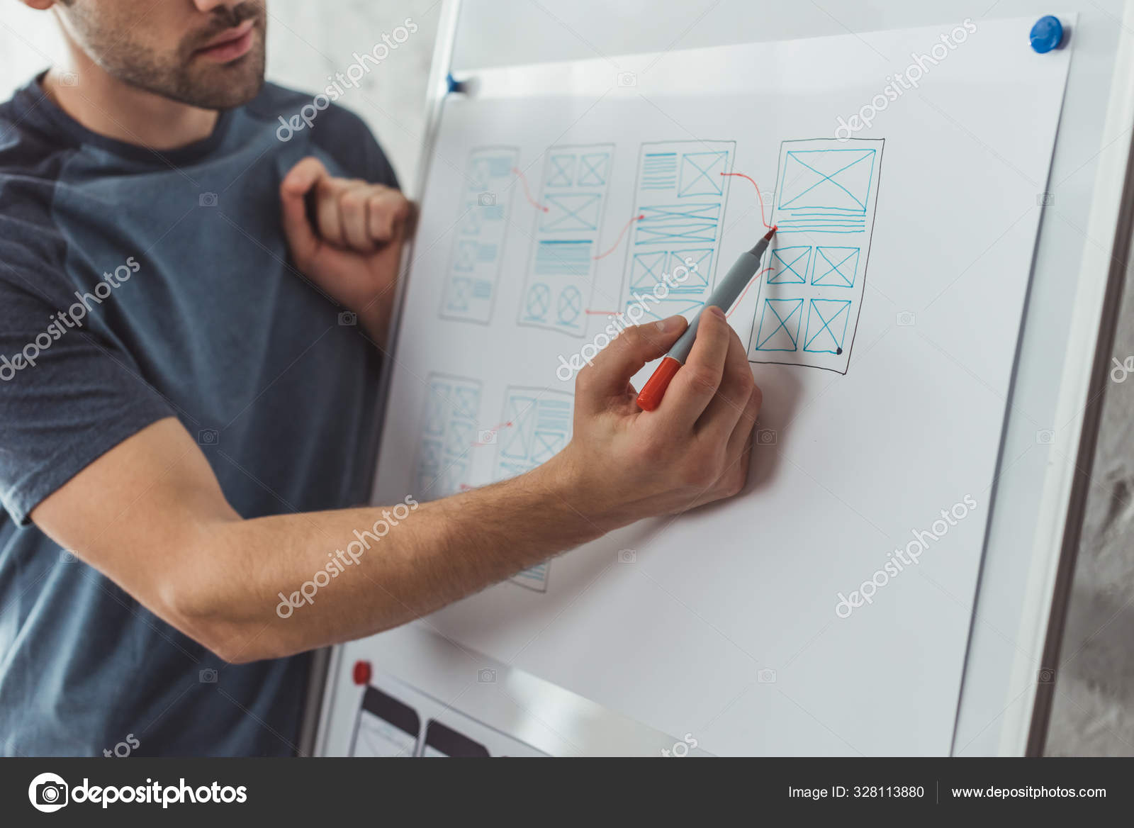 Cropped View Designer Creative Website Wireframe Sketches Whiteboard ...